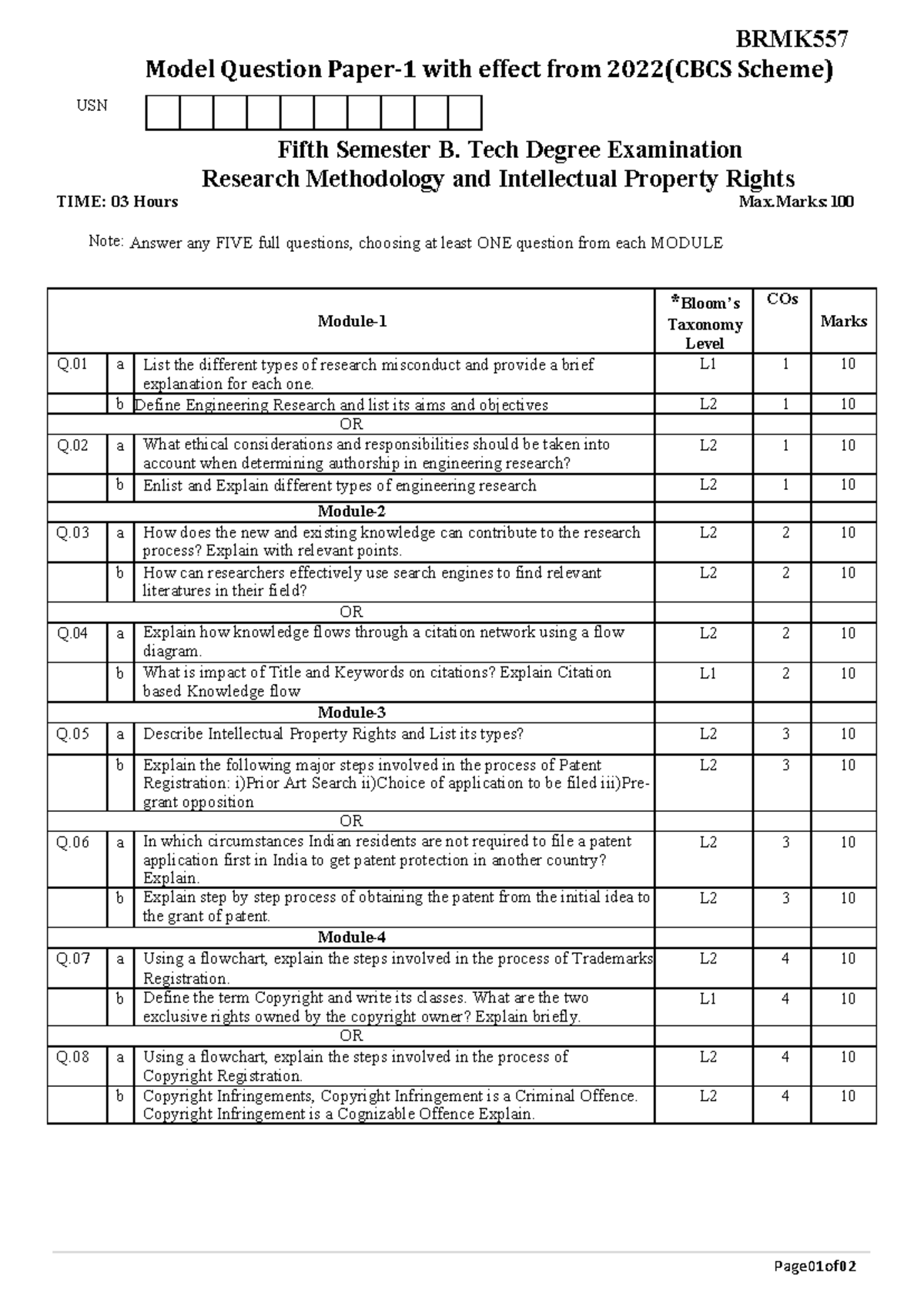 BRMK557 - Research Methodology & IPR Model Question Paper Summary - Studocu