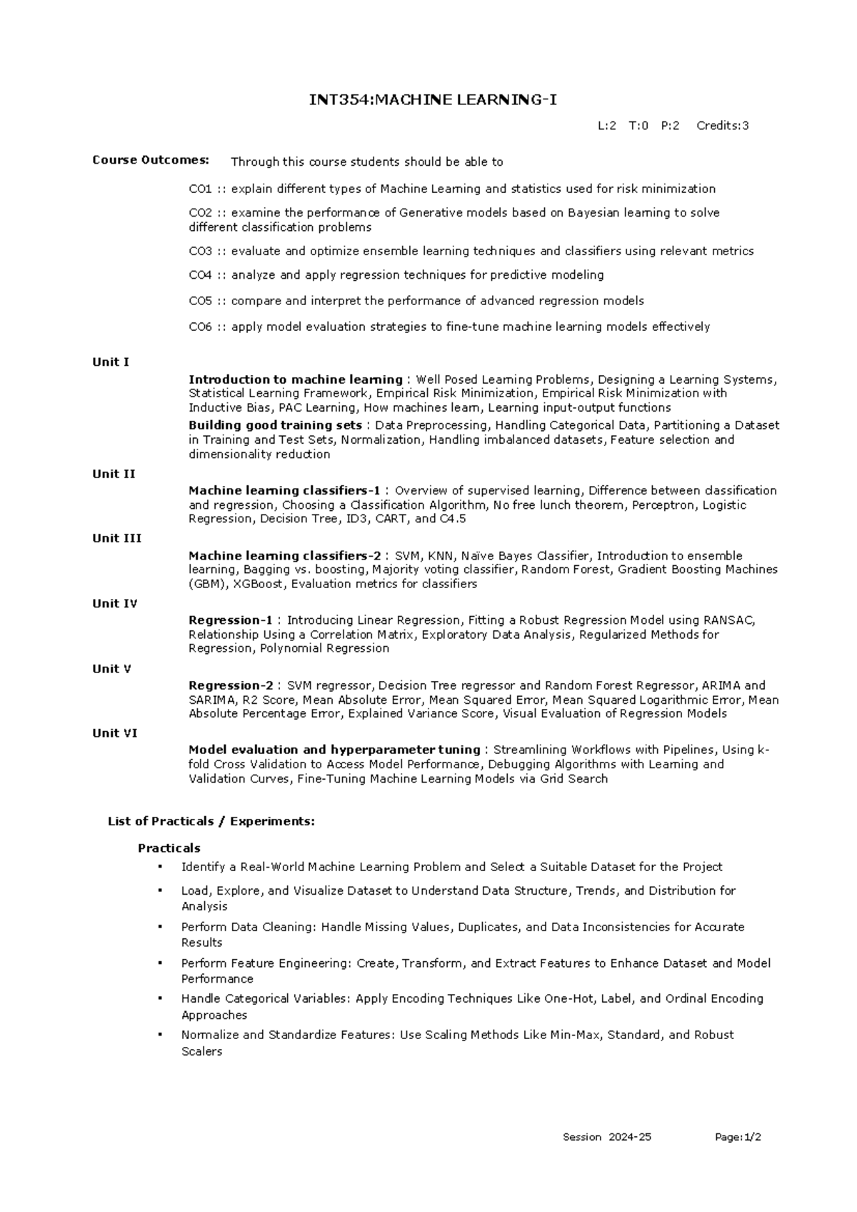 INT354: Machine Learning Syllabus and Course Outcomes - Studocu