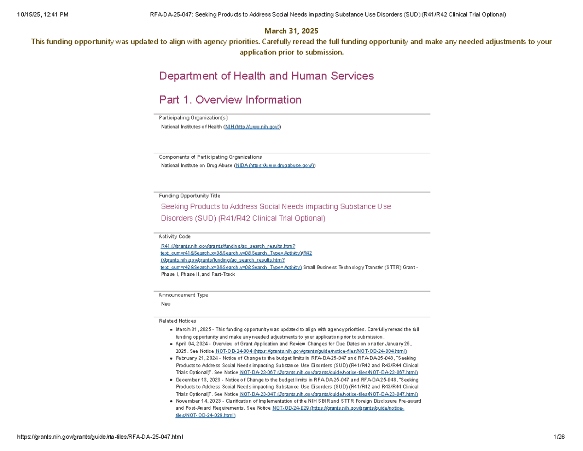 RFA-DA-25-047: Addressing Social Needs in SUD - Clinical Trial Optional ...