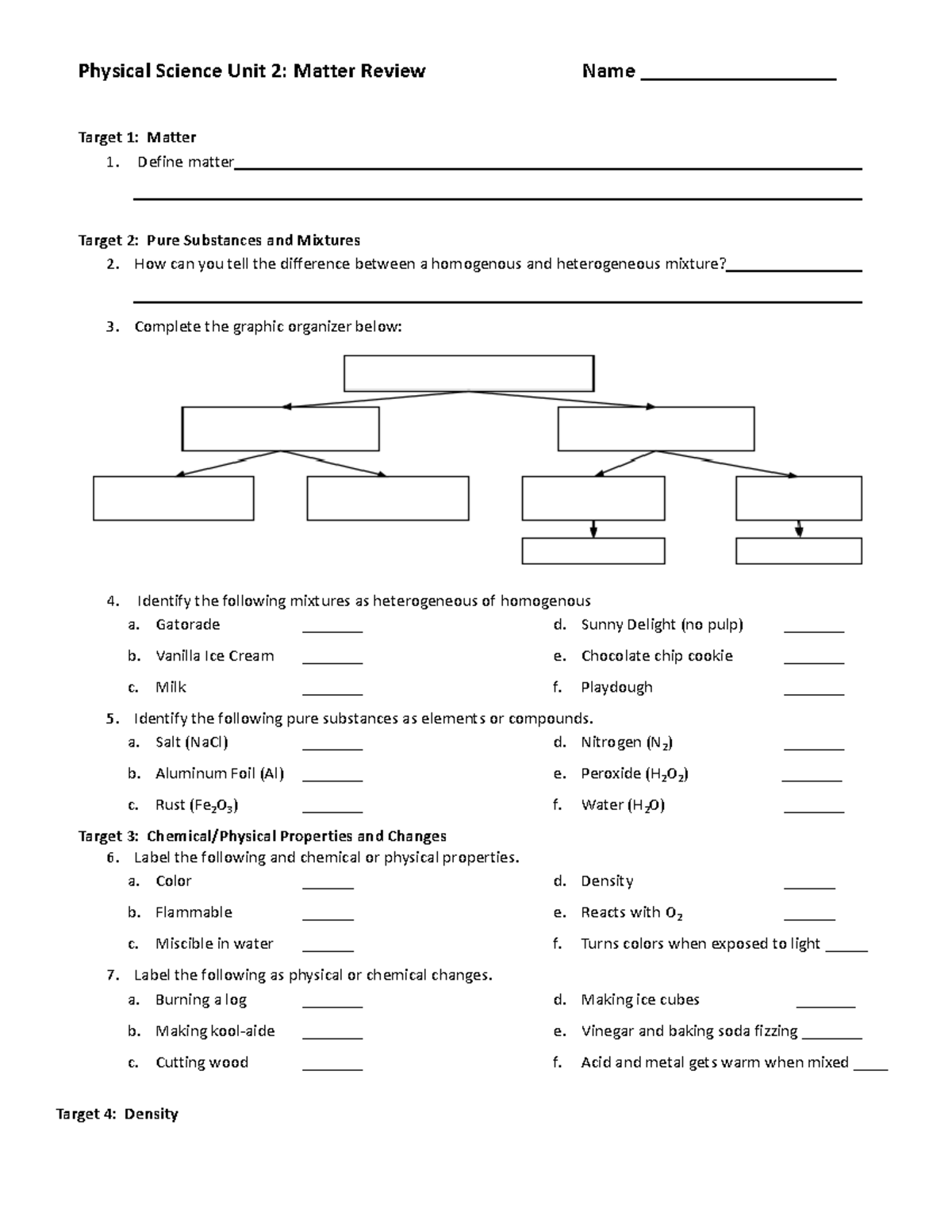 Physical Science Unit 2 Review: Matter, Mixtures, and Density Concepts ...