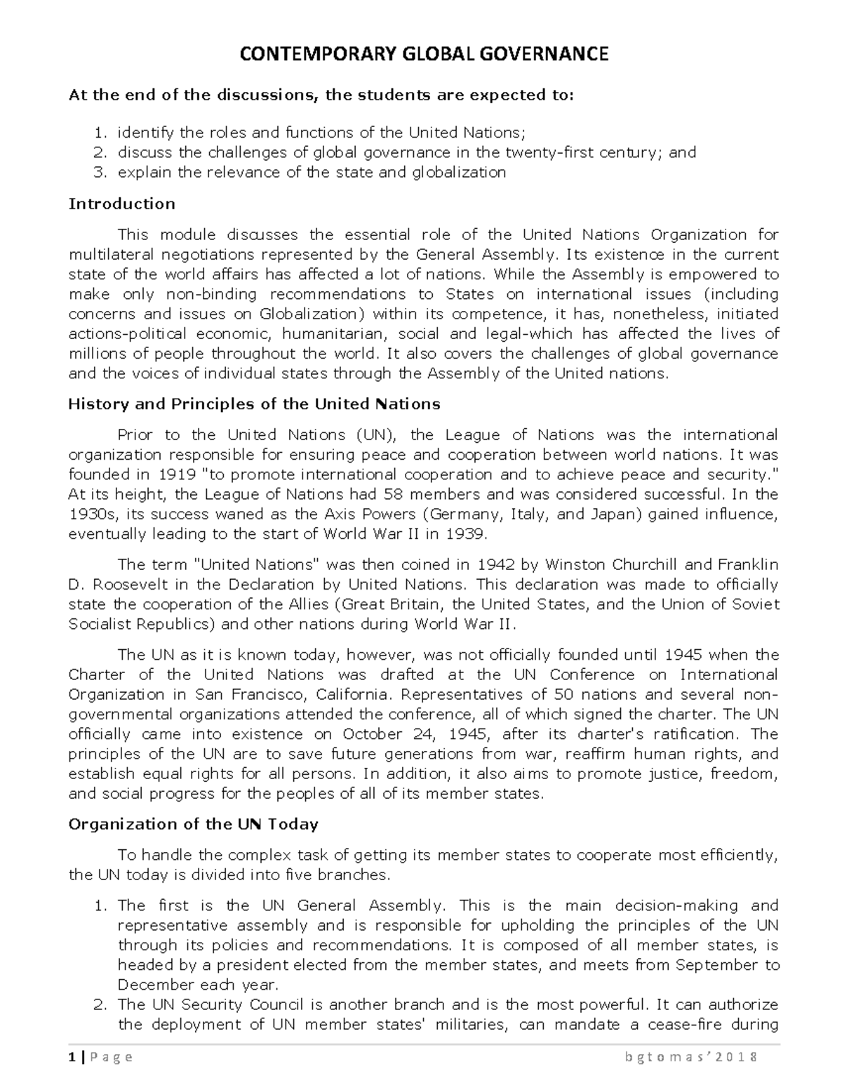 Contemporary Global Governance: UN's Role & Challenges (Course Code ...