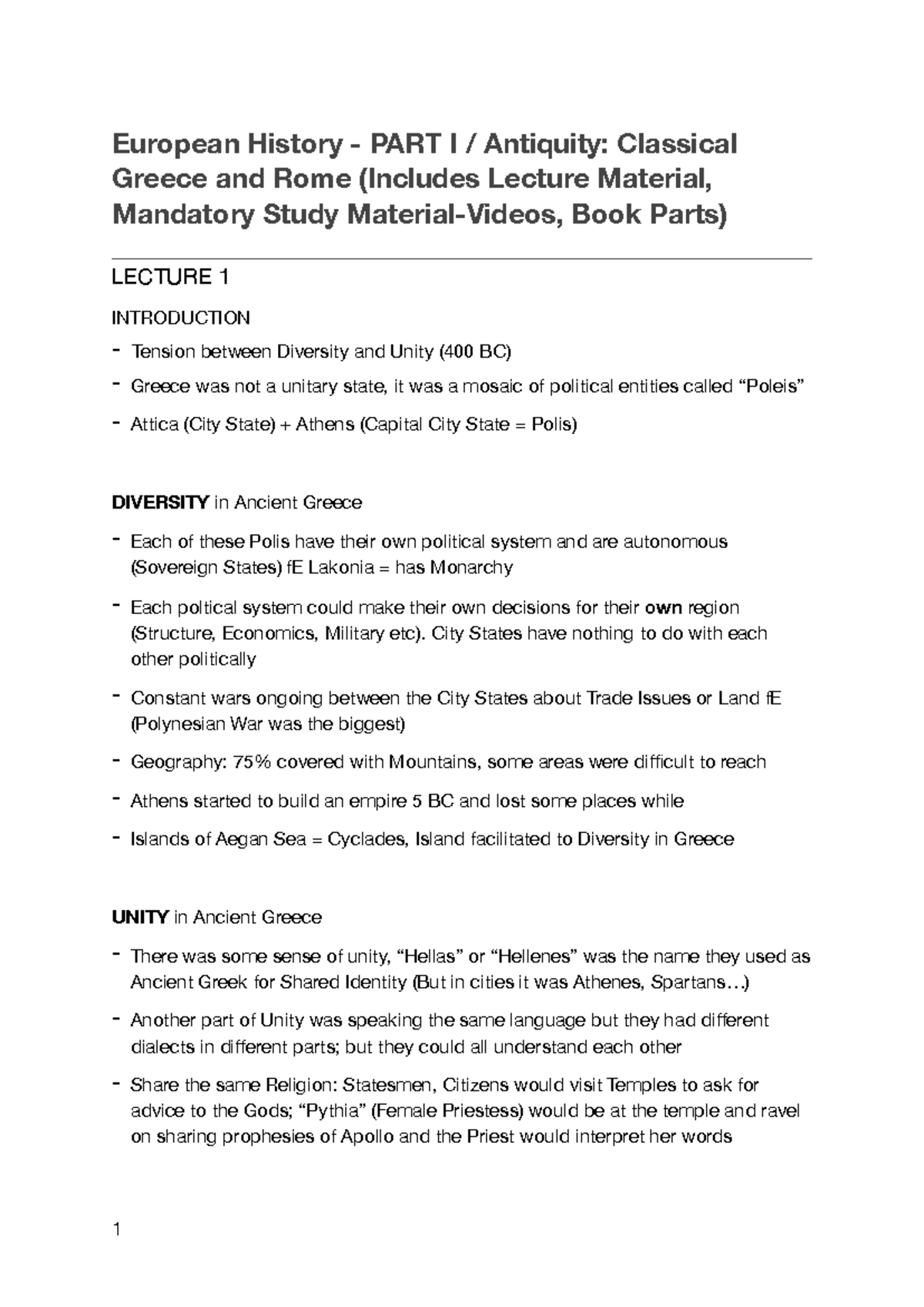 European History Lecture Notes: Greece and Rome (Antiquity) 2 - Studeersnel
