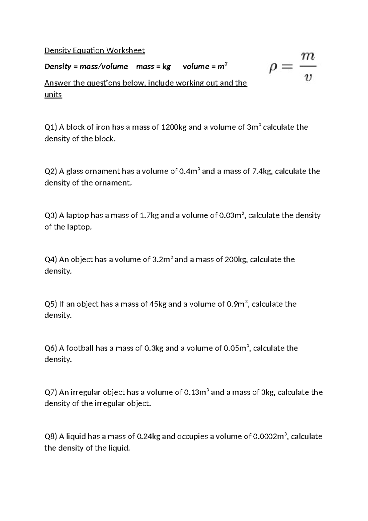 Density Equation Worksheet with Calculation Examples - Studocu