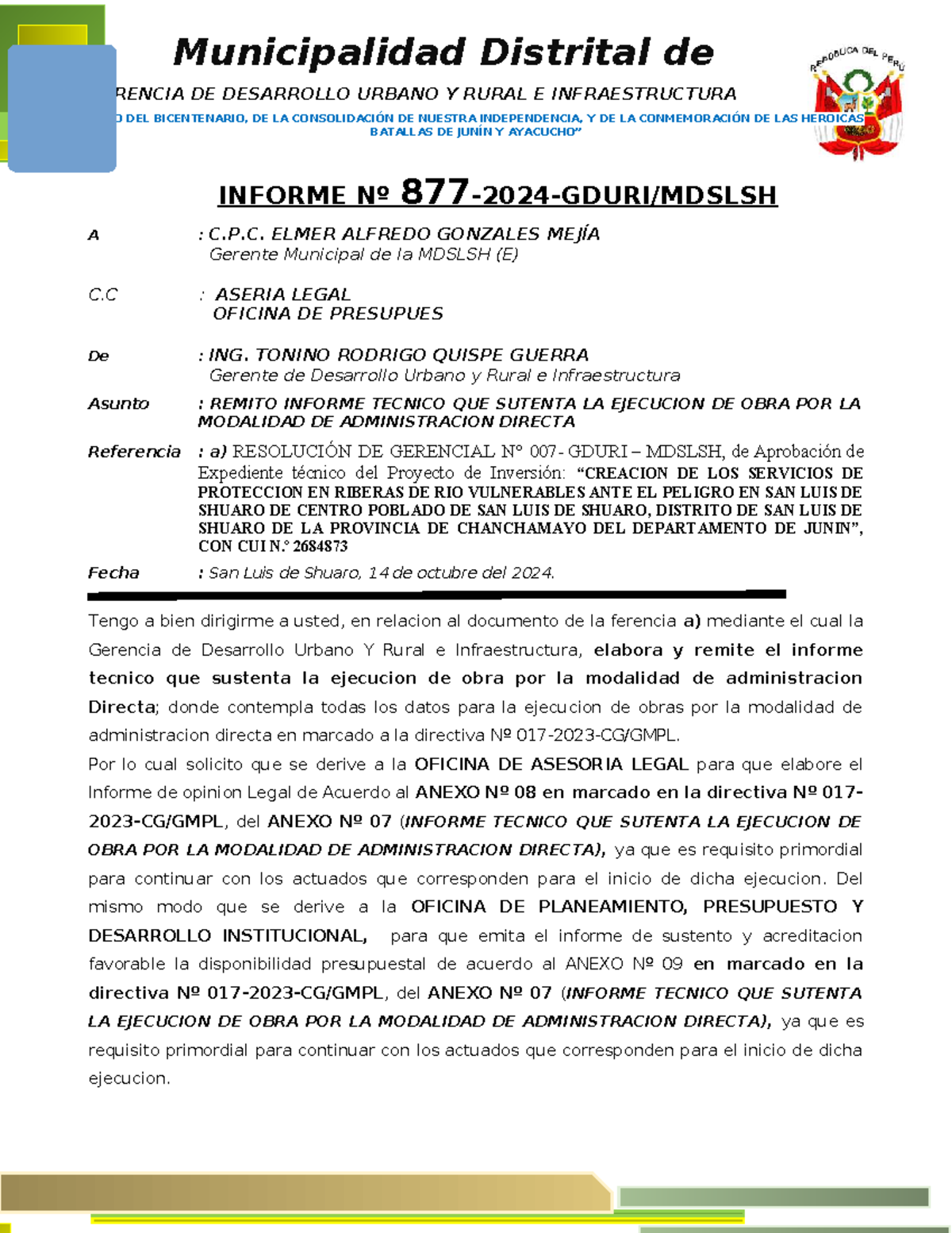 Informe Técnico sobre Ejecución de Obra por Administración Directa - MDSLSH - Studocu