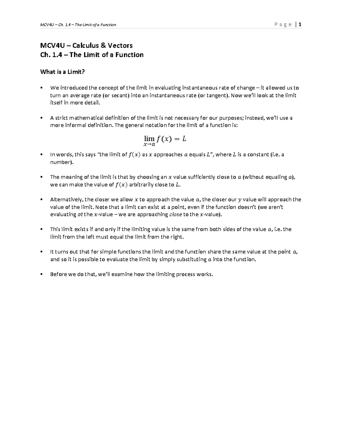 MCV4U - Ch. 1.4 - Understanding Limits in Calculus - Studocu