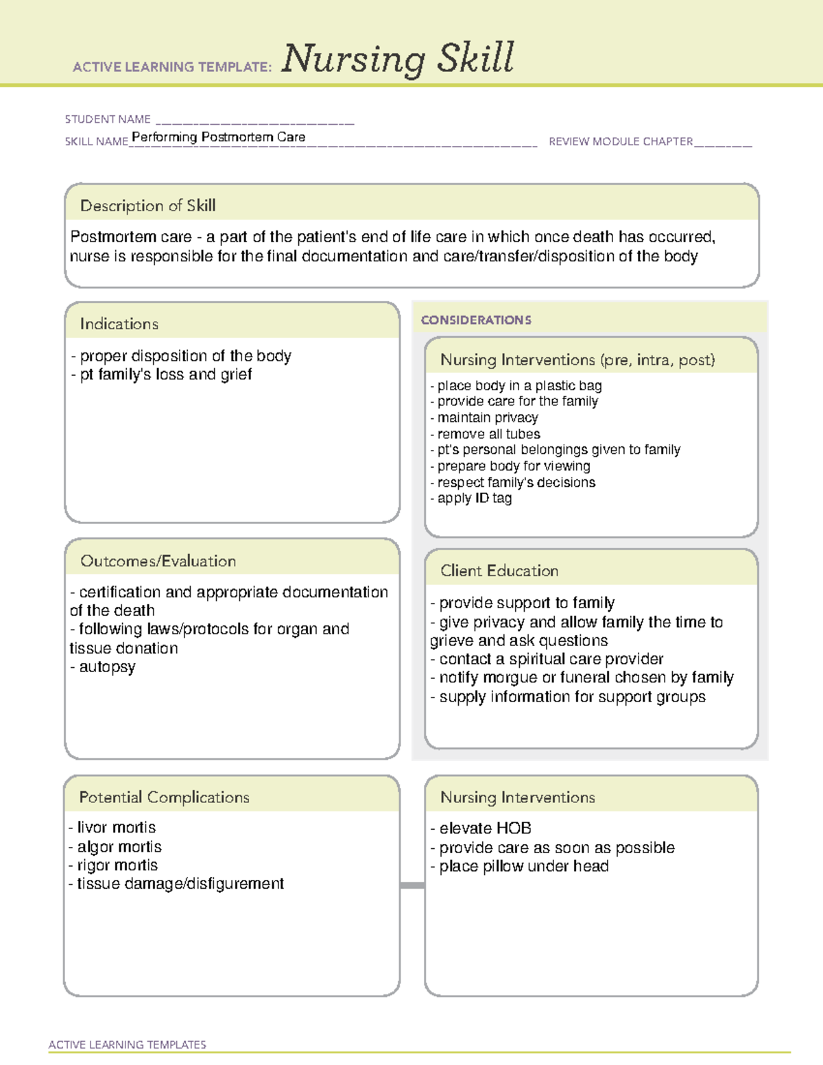 Basic Care & Comfort - Postmortem Care Nursing Skills Template - Studocu