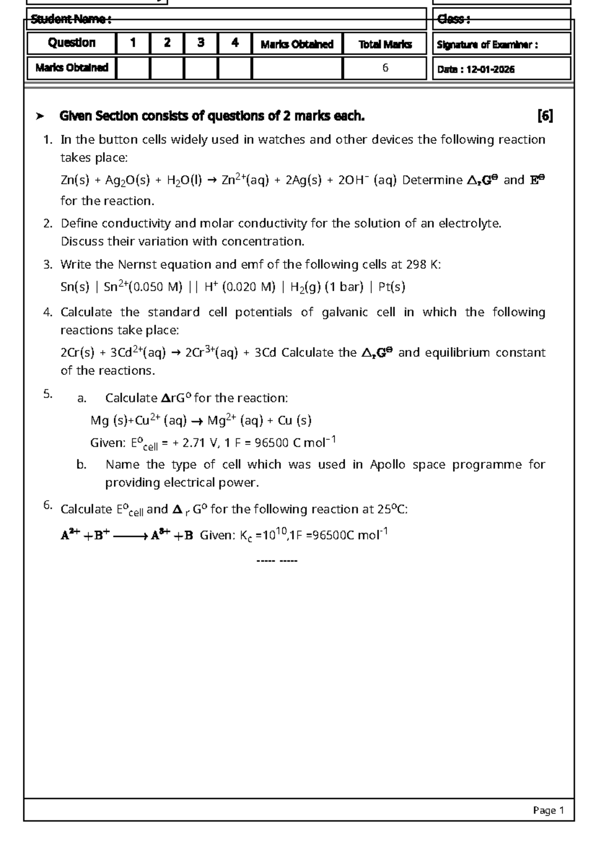 Electrochemistry Worksheet: Sample Paper for Practice - Studocu