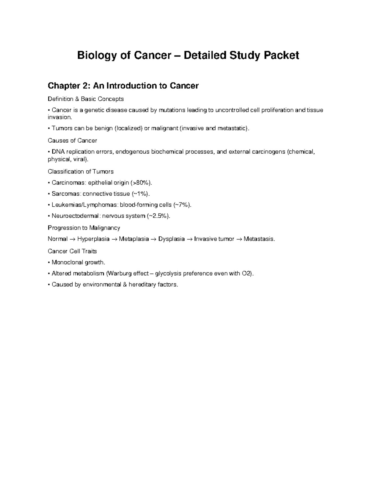 Cancer Study Packet - Exam 1: Biology of Cancer Overview - Studocu