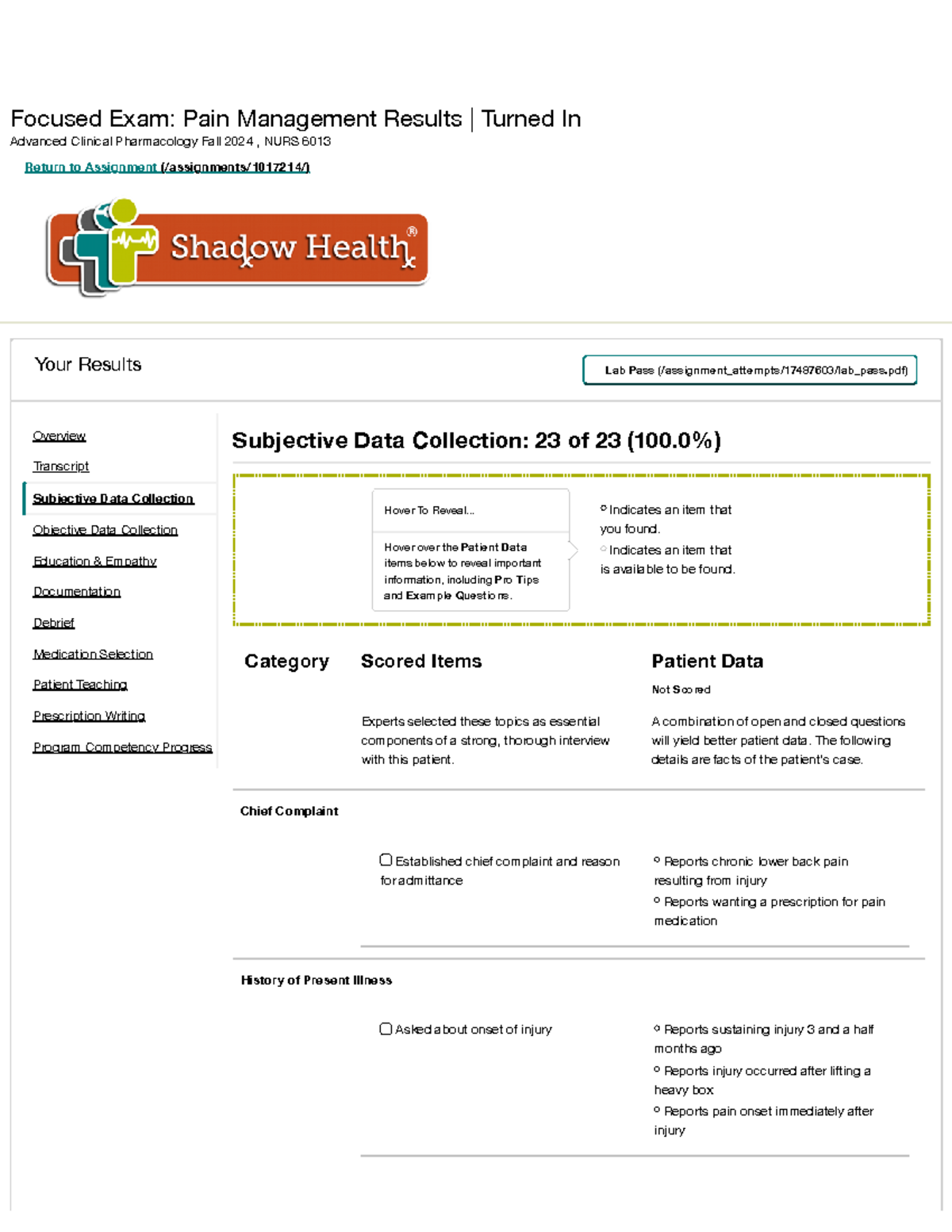 Subjective Data Collection: Pain Management | NURS 6013 Final Exam ...