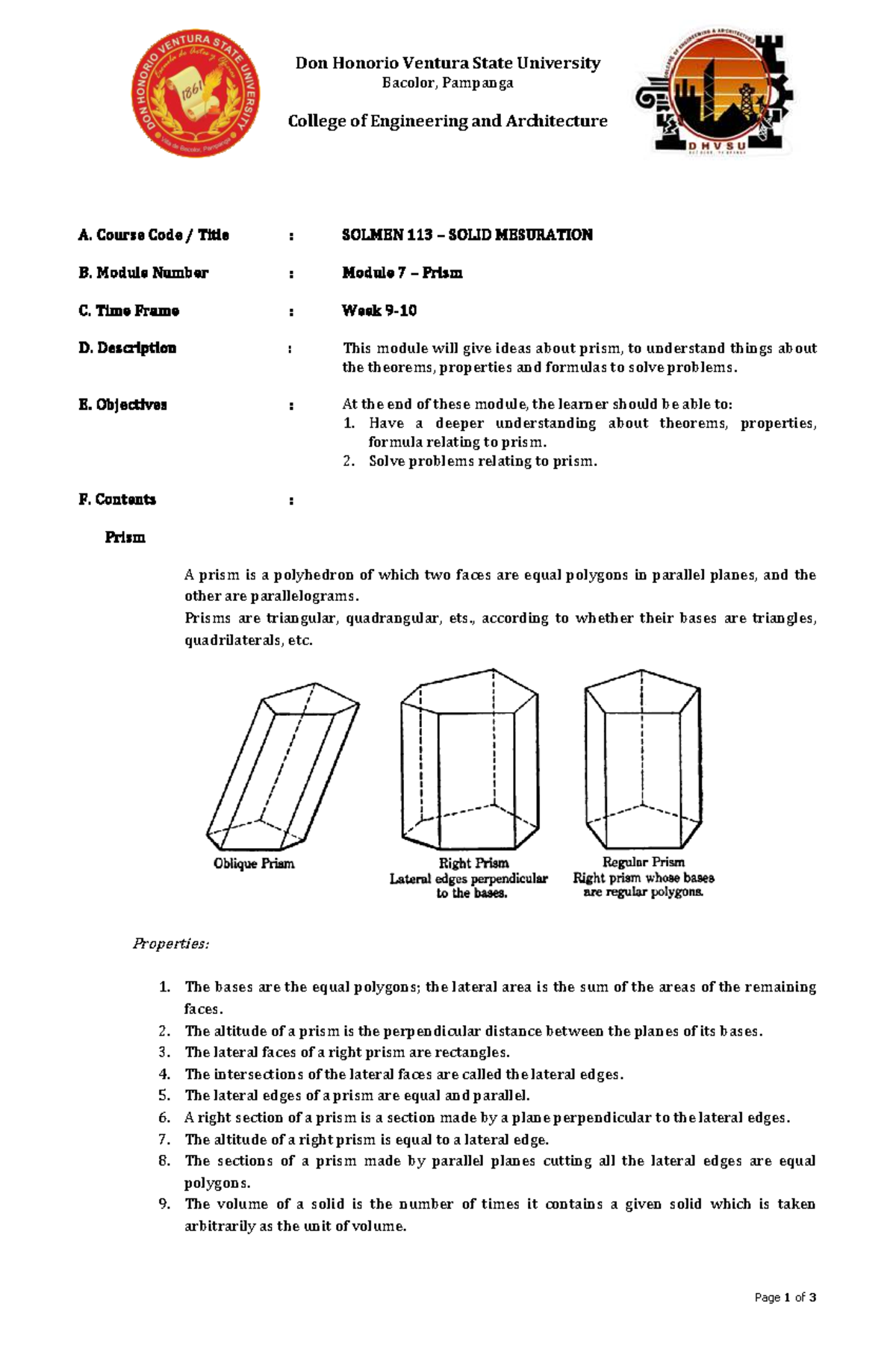 SOLMEN 113: Module 7 - Understanding Prisms and Their Properties - Studocu