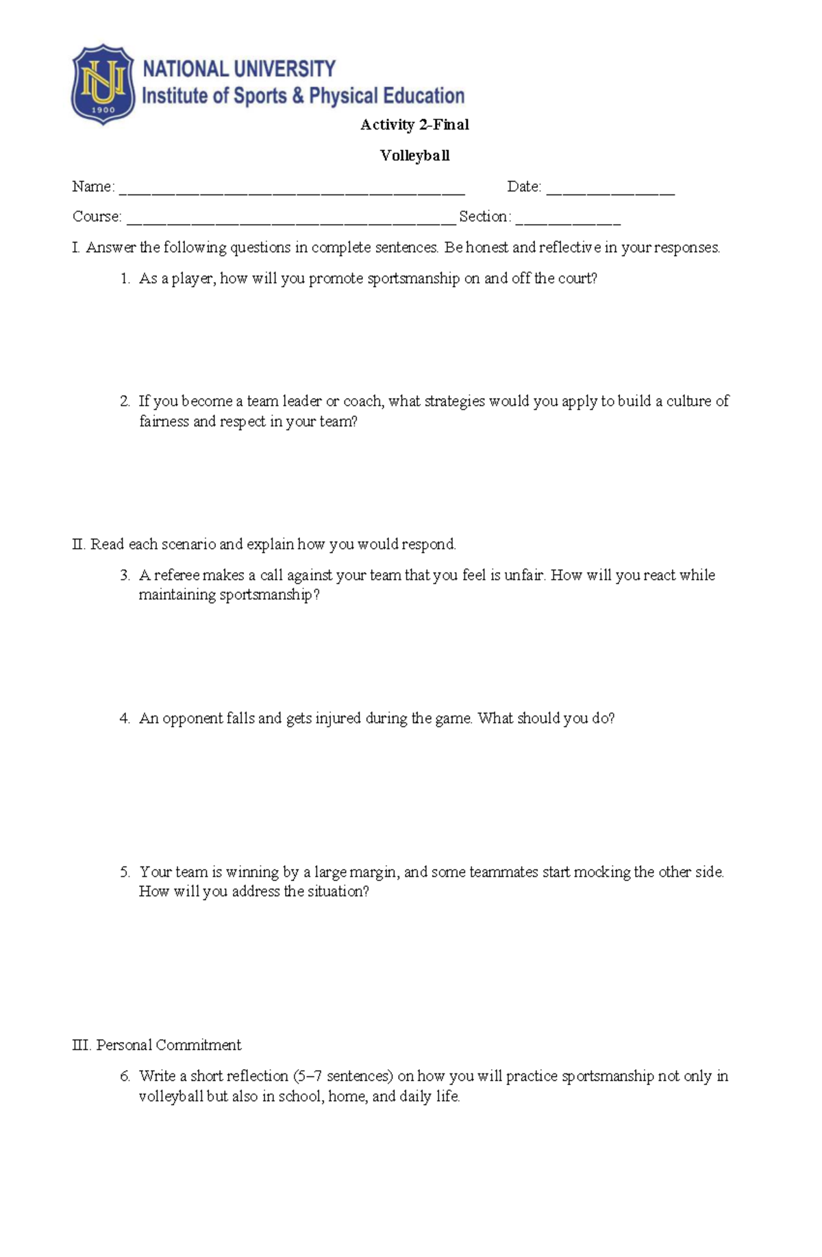 Activity 2: Volleyball Sportsmanship Reflection and Strategies - Studocu