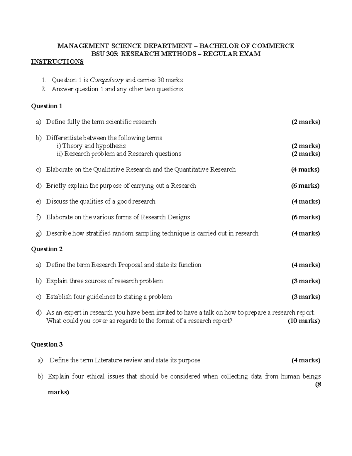 BSU 305: Research Methods Regular Exam Guidelines and Questions - Studocu