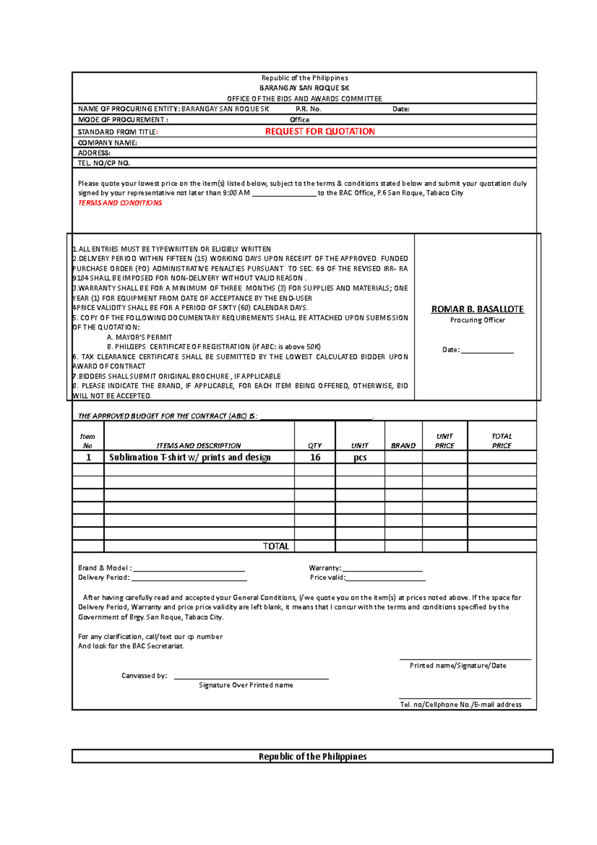 Request for Quotation: Barangay San Roque SK Procurement - Studocu