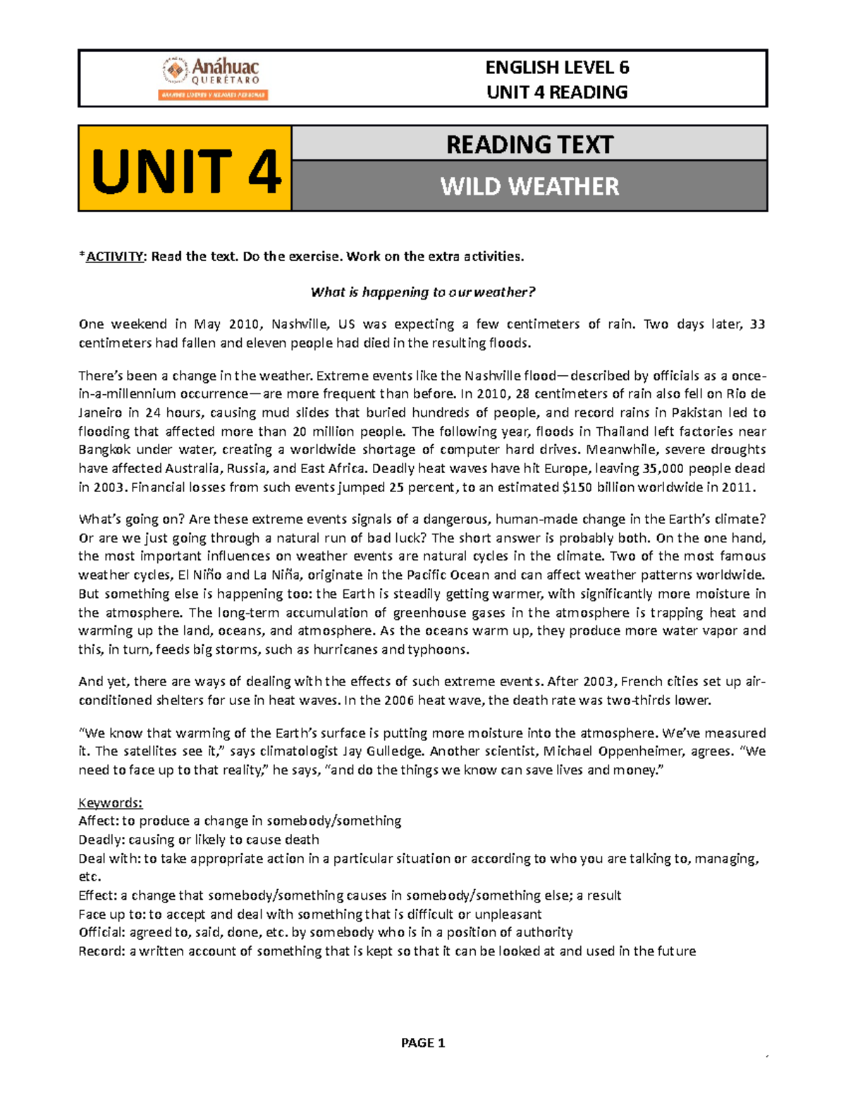 UNIT 4 - Reading: Wild Weather Insights (Level 6) - Studocu