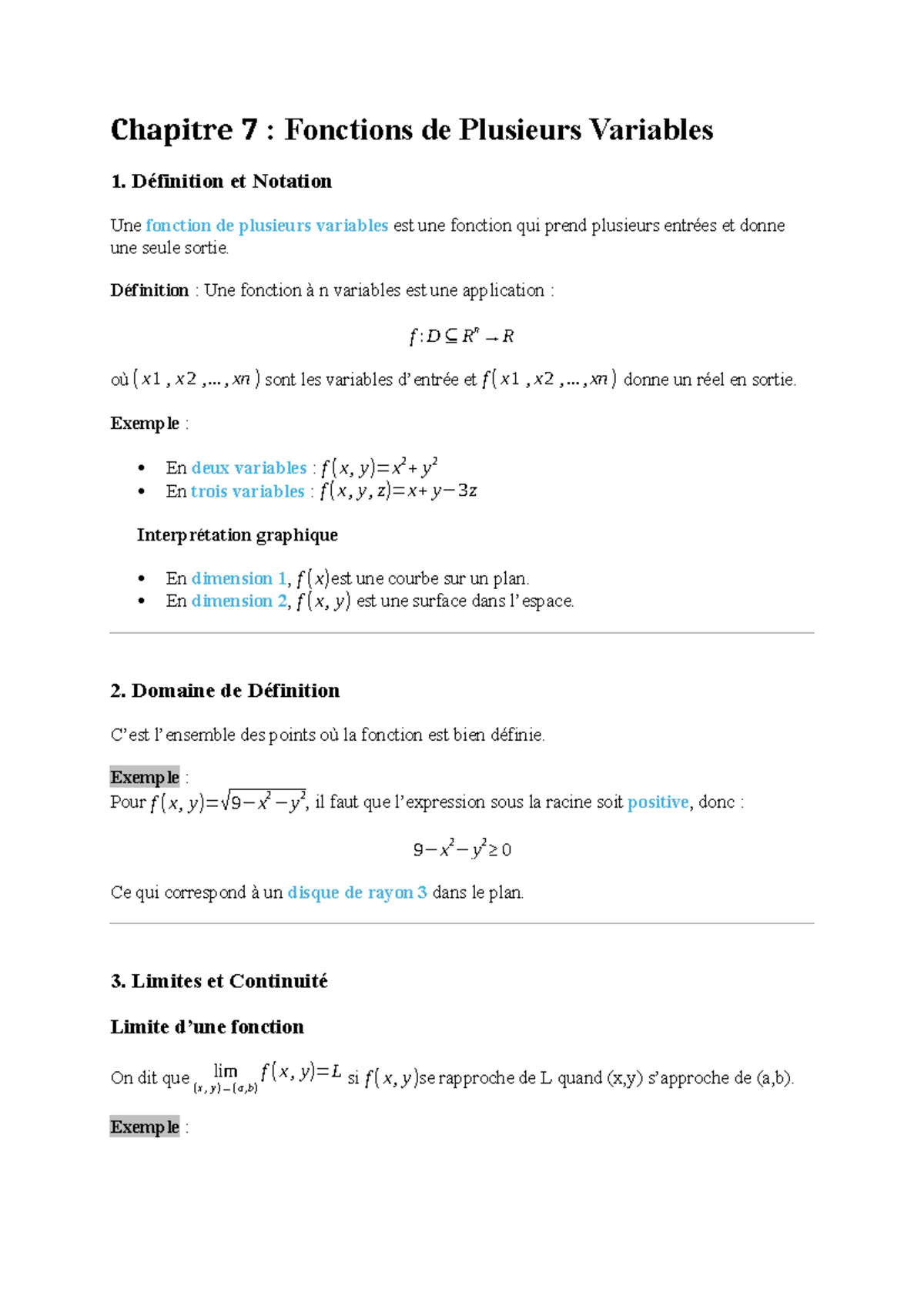 Chapitre 7 : Fonctions de Plusieurs Variables - Concepts et Applications - Studocu