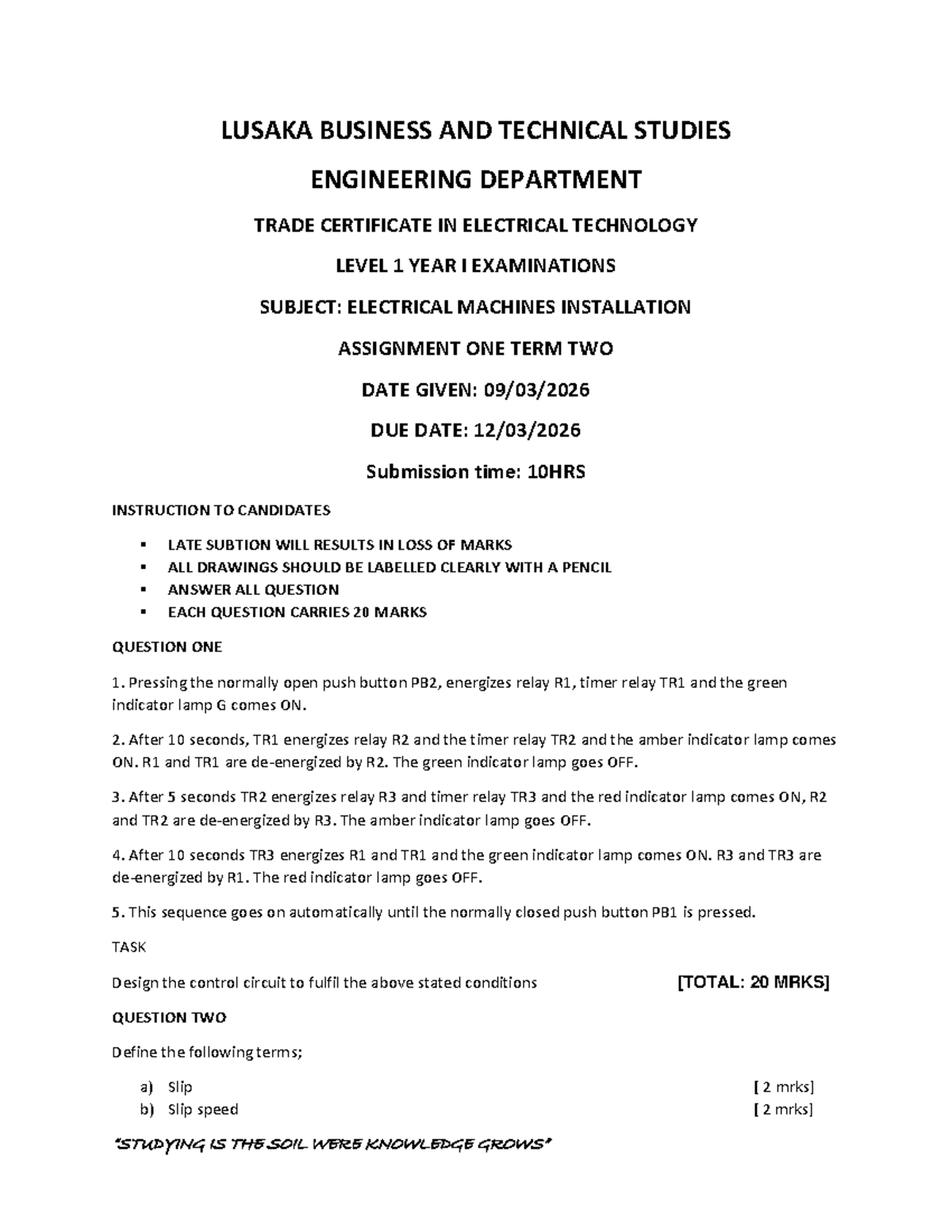 LBT 1st Year Electrical Machines Installation Assignment - Studocu