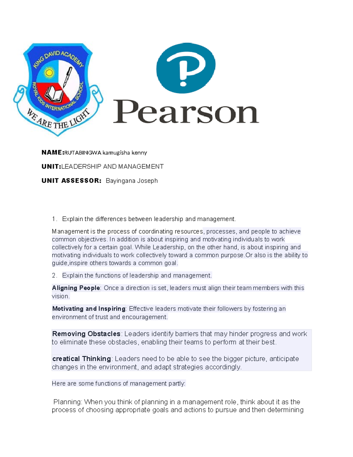 Bayingana monday assessment - NAME:RUTABINGWA kamugisha kenny UNIT ...