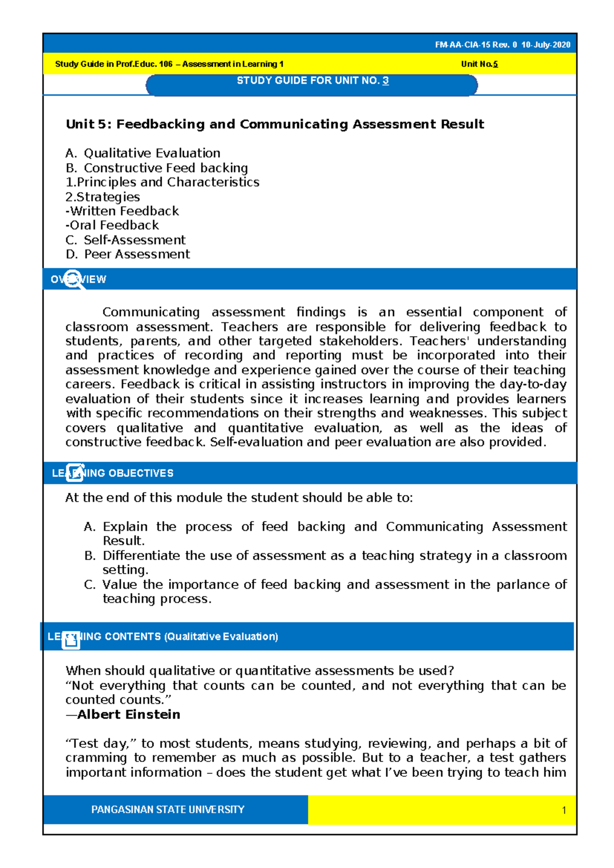 Unit 5 Study Guide: Feedbacking & Communicating Assessment Results in ...