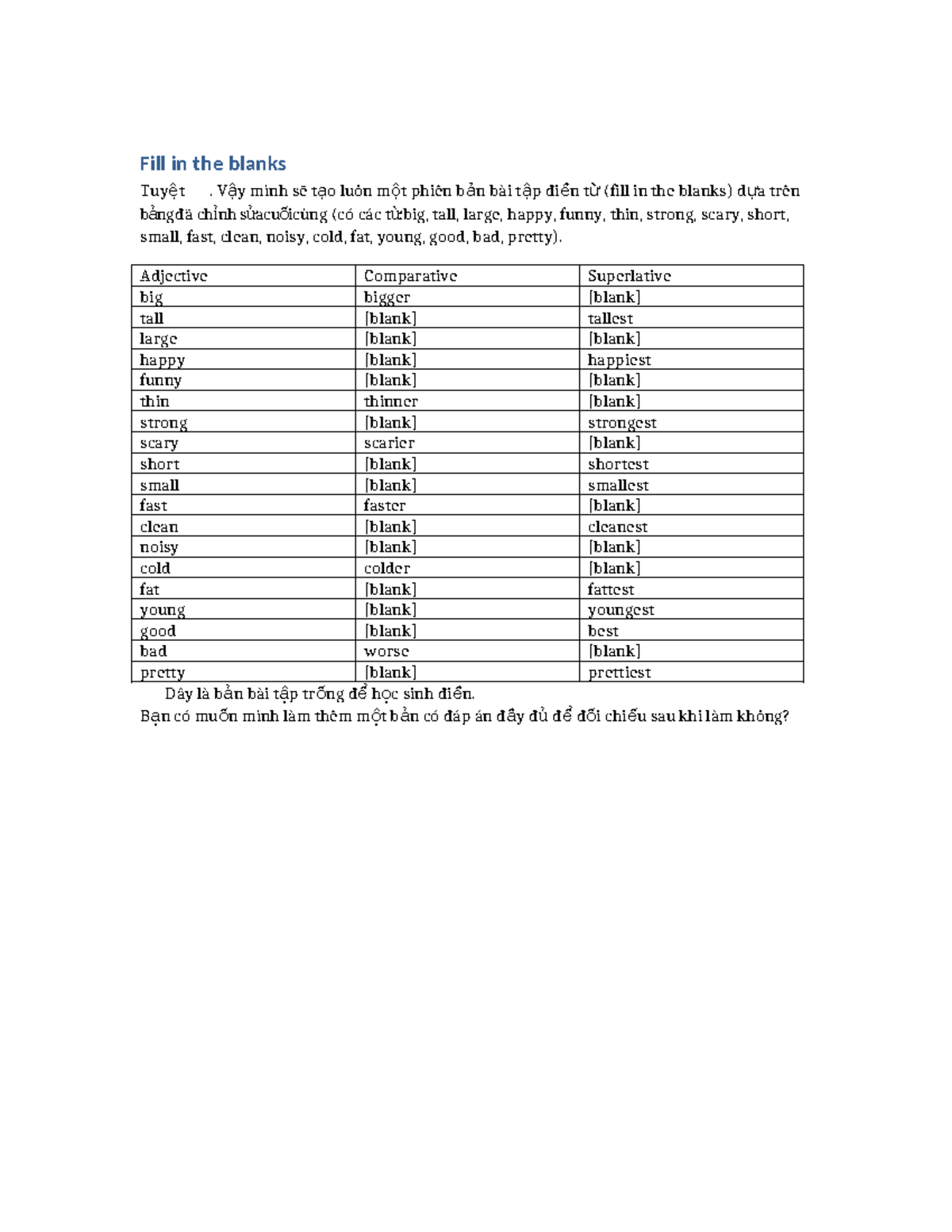 Adjective Fill-in-the-Blanks Exercise for Students - Studocu