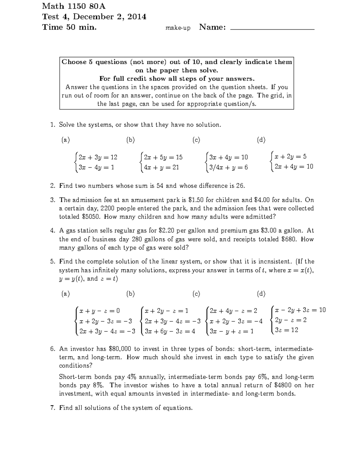 Test 4 Review for Math 1150 (Dec 2, 2014) – Key Problems & Solutions ...
