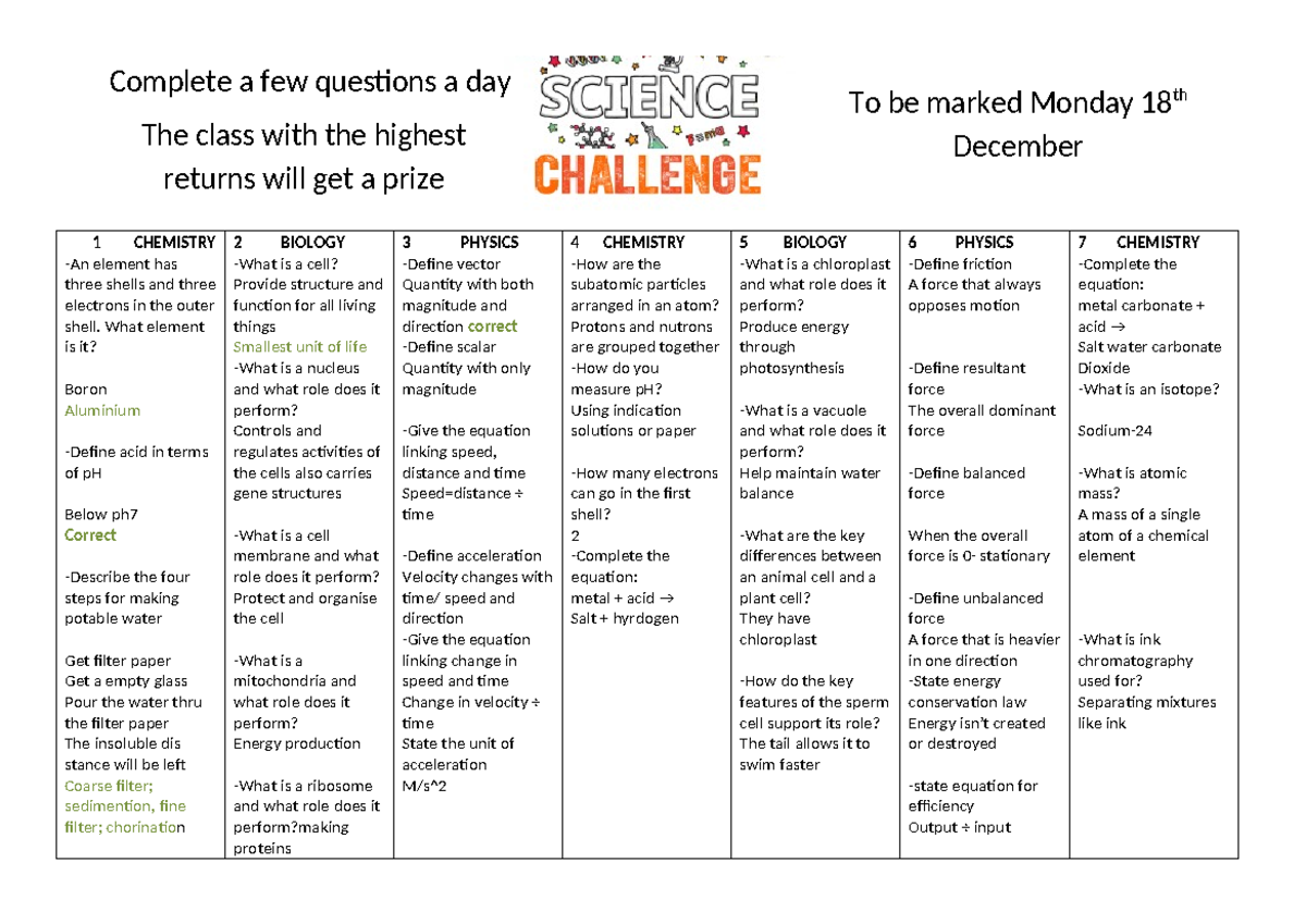 Daily Questions Review for CHEM 101, BIO 102, and PHY 103 - Studocu