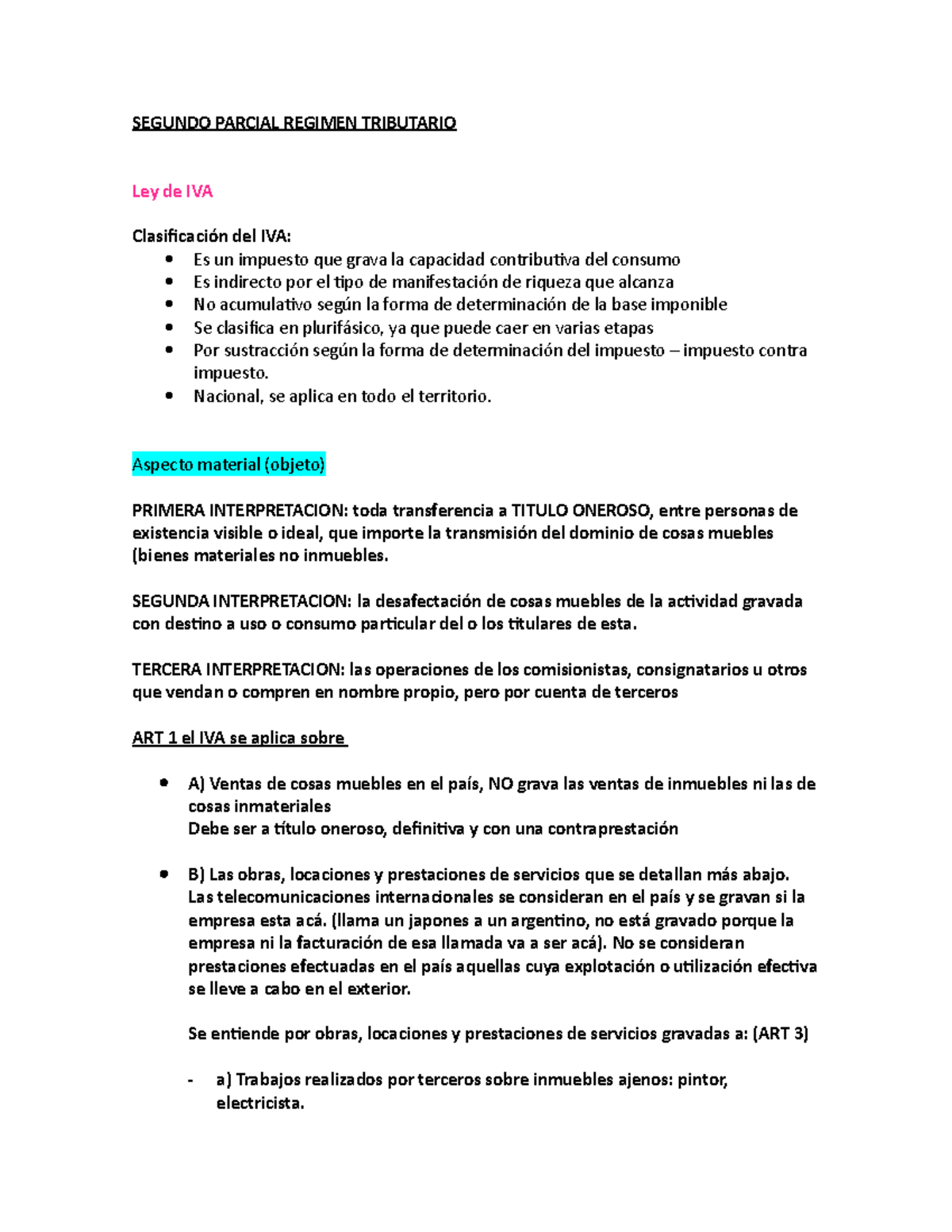 Segundo Parcial Regimen Tributario - SEGUNDO PARCIAL REGIMEN TRIBUTARIO Ley de IVA Clasificación ...