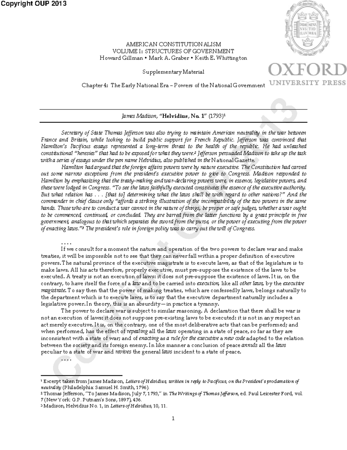 American Constitutionalism (OUP 2013): Helvidius No. 1 Response to ...