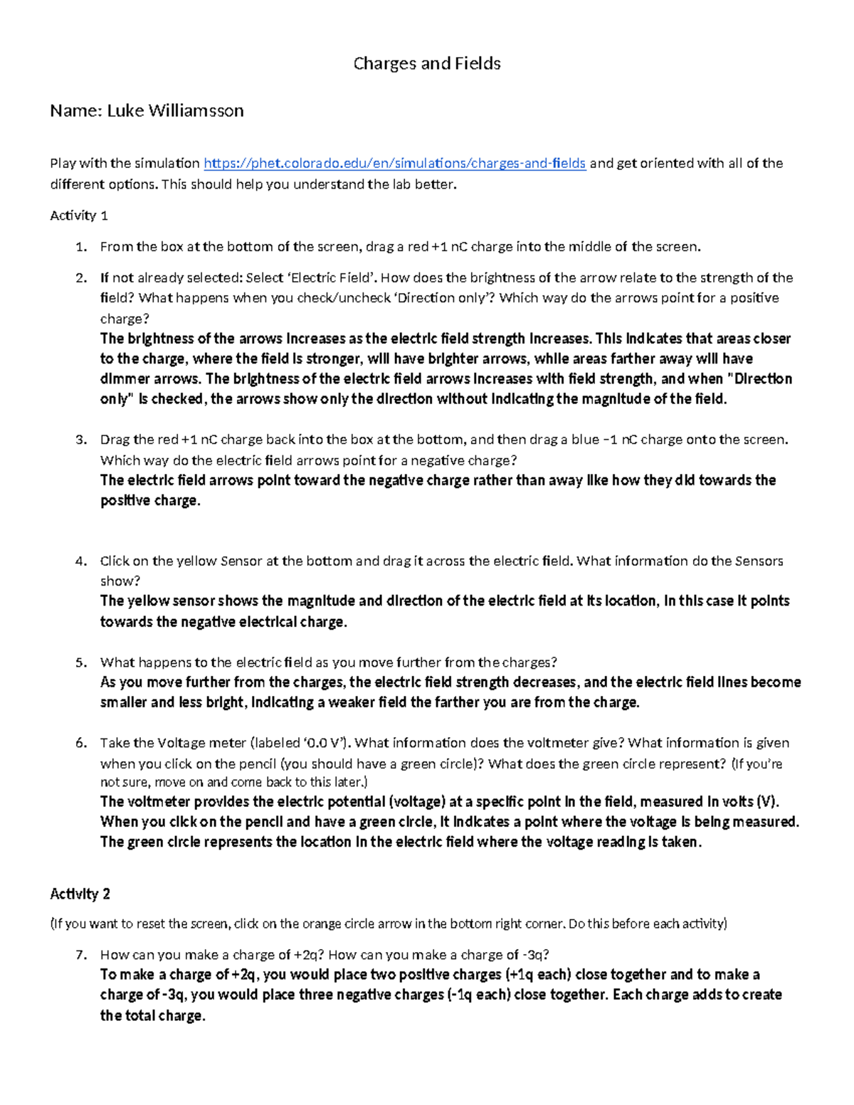 Charges and Fields Lab - PHET Simulation Guide - Studocu