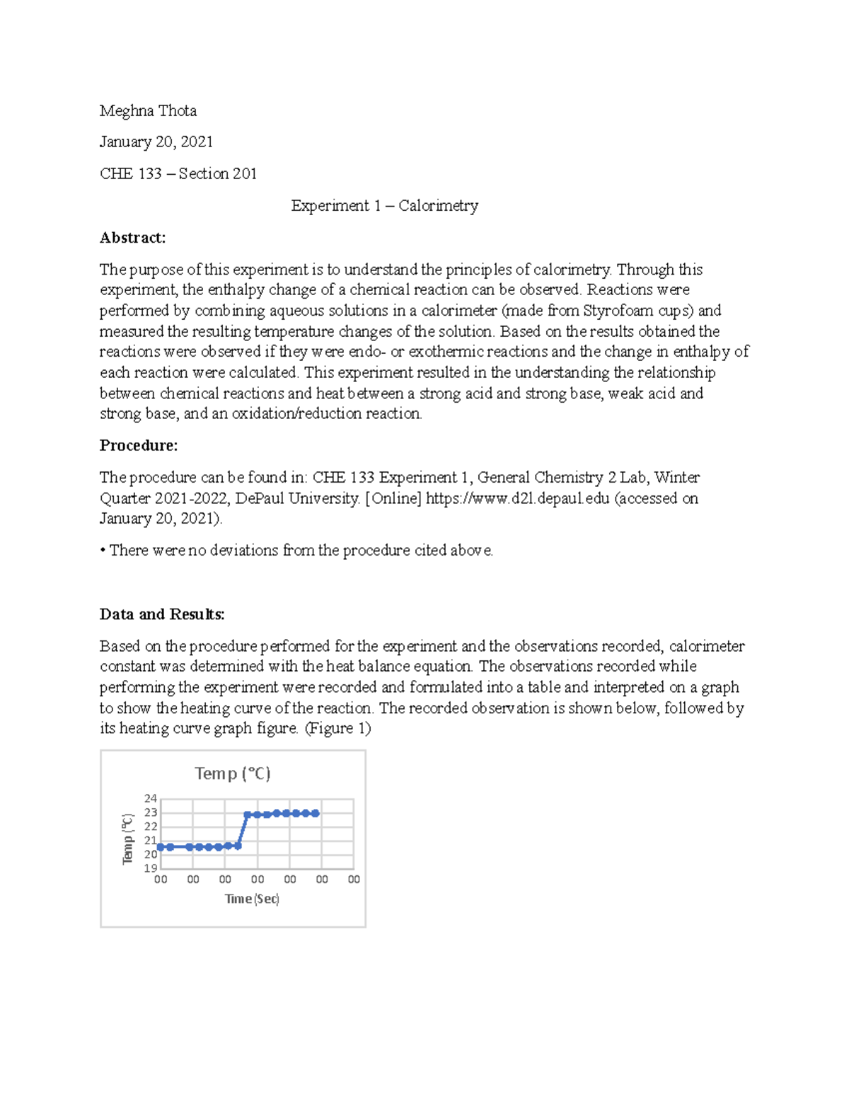CHEM 133 203 - Calorimetry Experiment 1 Lab Report - Studocu