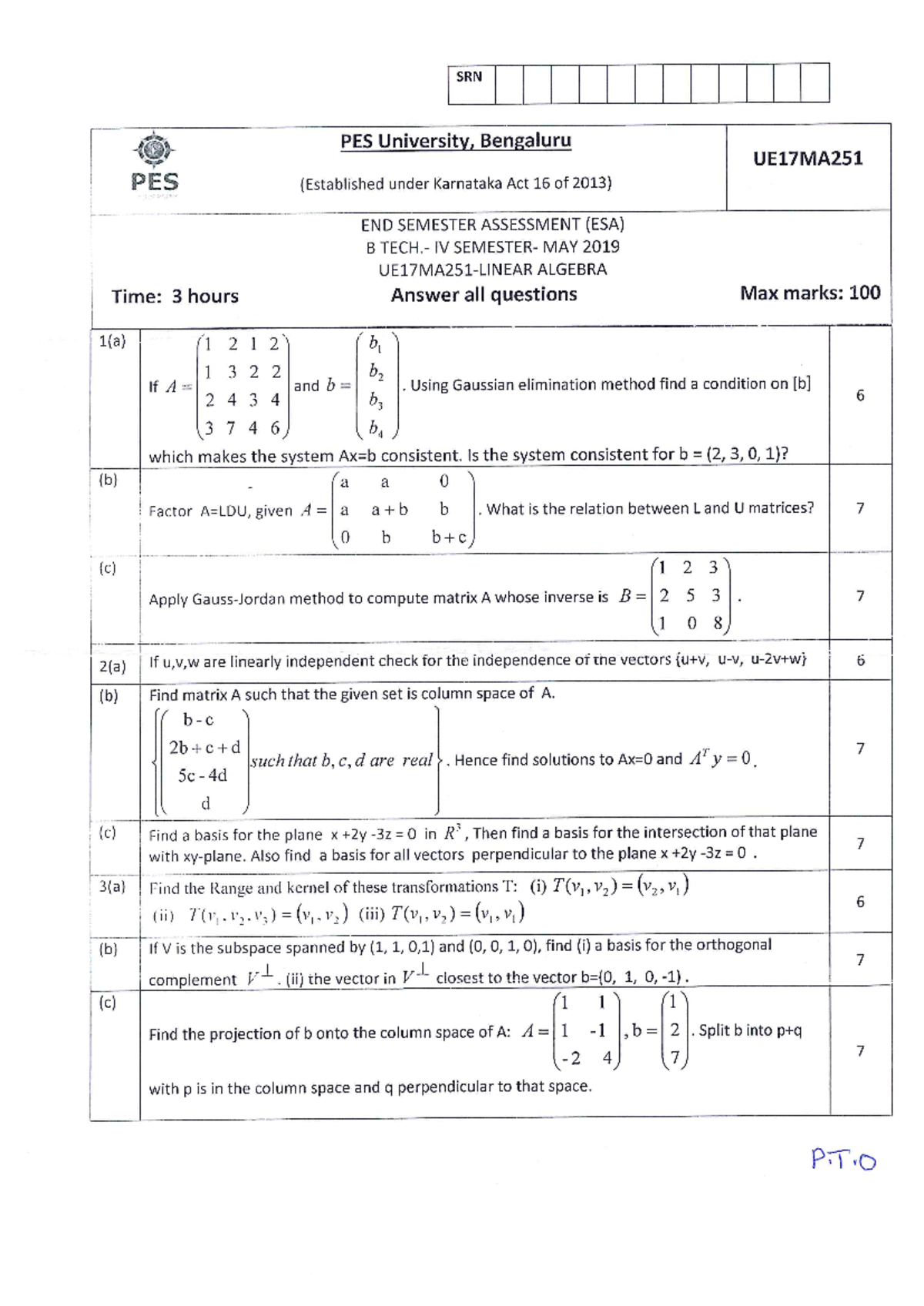 Question Paper PYQ - Linear Algebra - Studocu