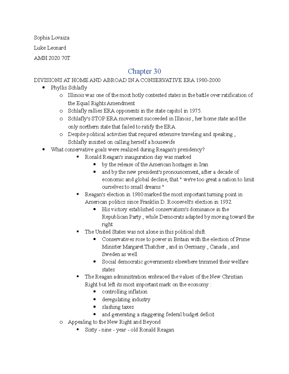 AMH 2020 Final Exam Summary: Chapter 30 - Conservative Era (1980) - Studocu