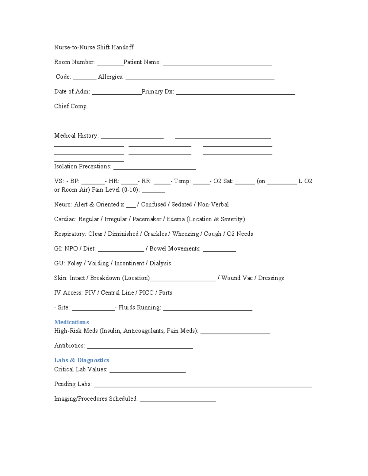 Bedside Patient Report Template - Nurse-to-Nurse Shift Handoff Room ...