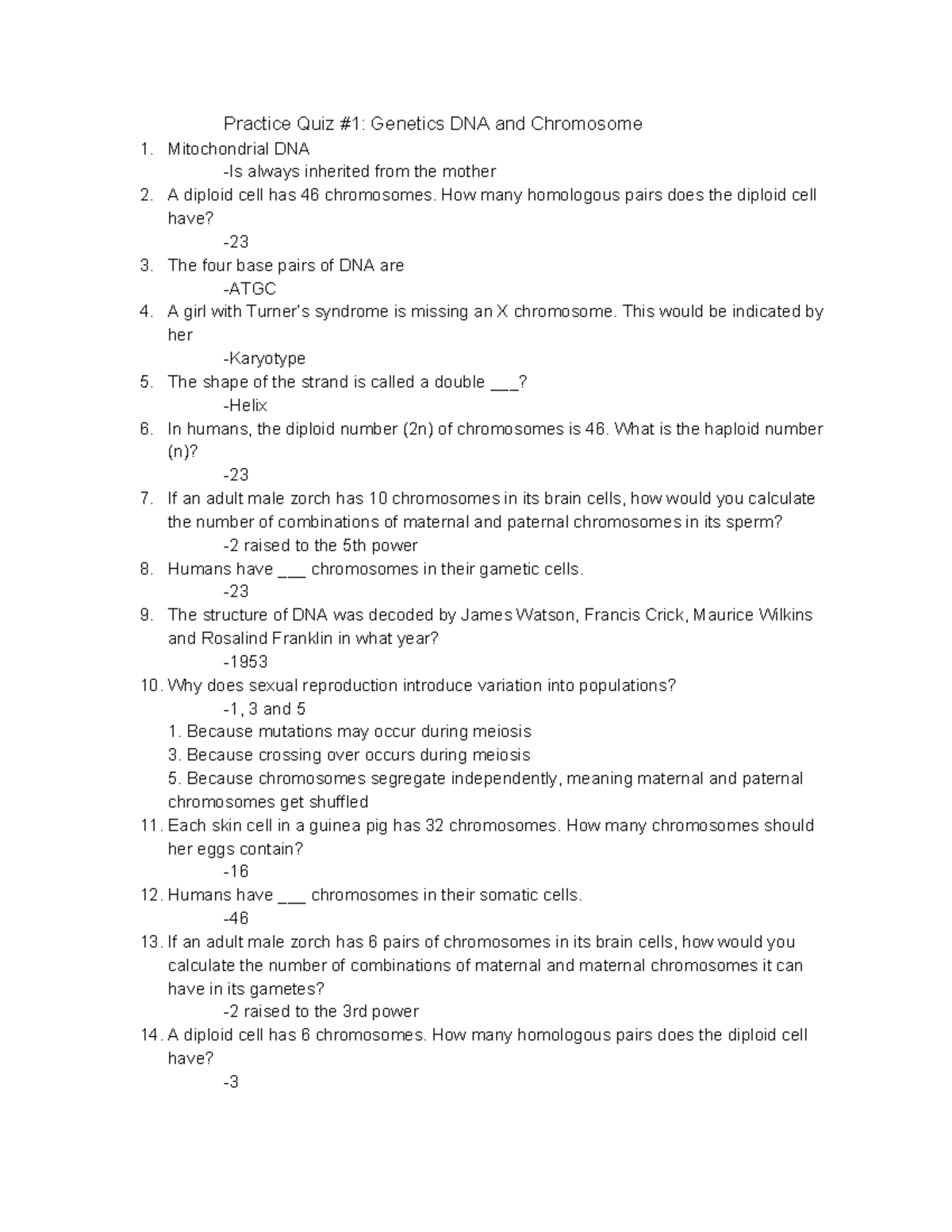 Anth 105 practice exam - Practice Quiz Genetics DNA and Chromosome 1 ...