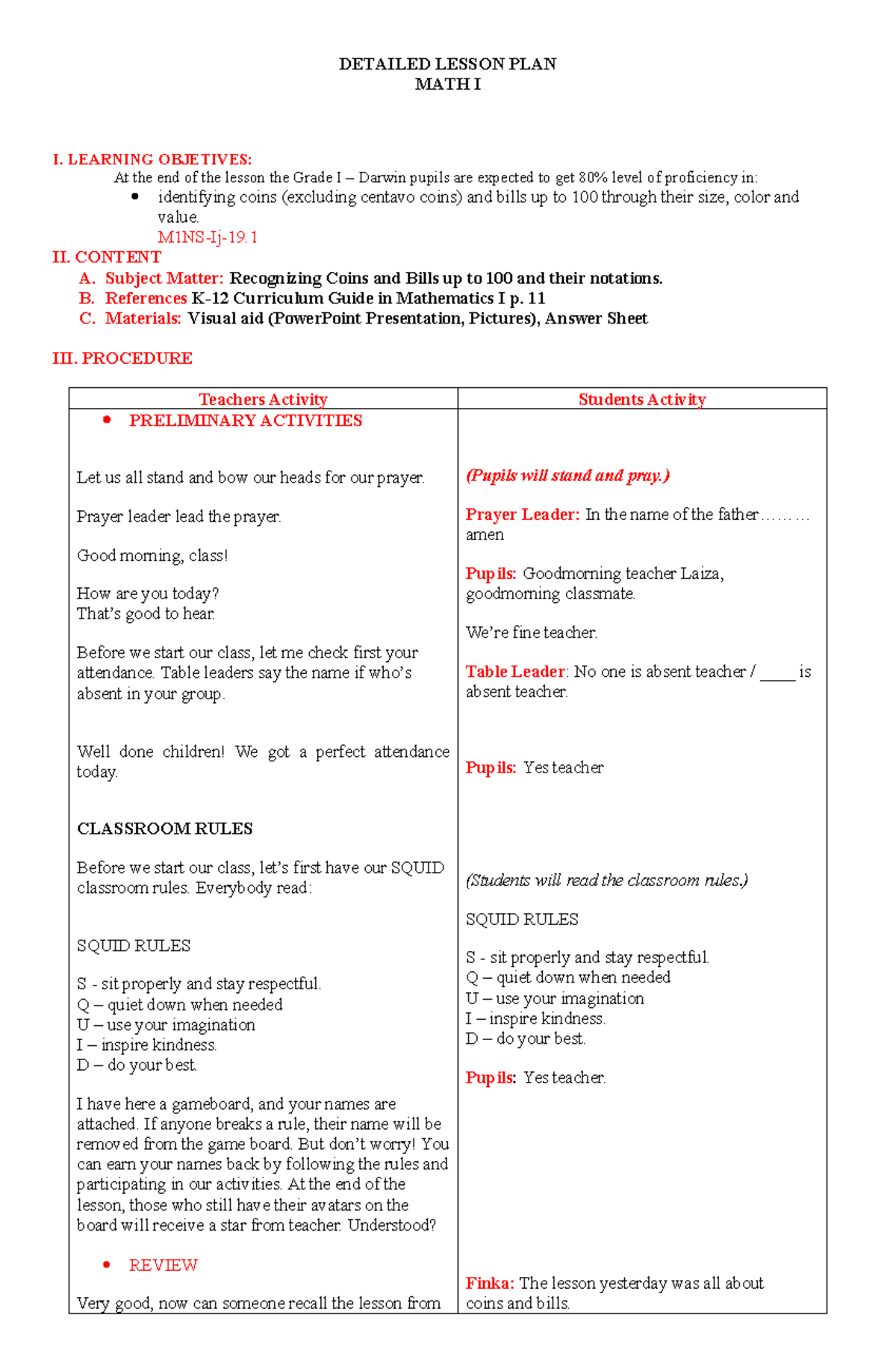 Detailed Lesson Plan for MATH I: Coins and Bills Recognition - Studocu