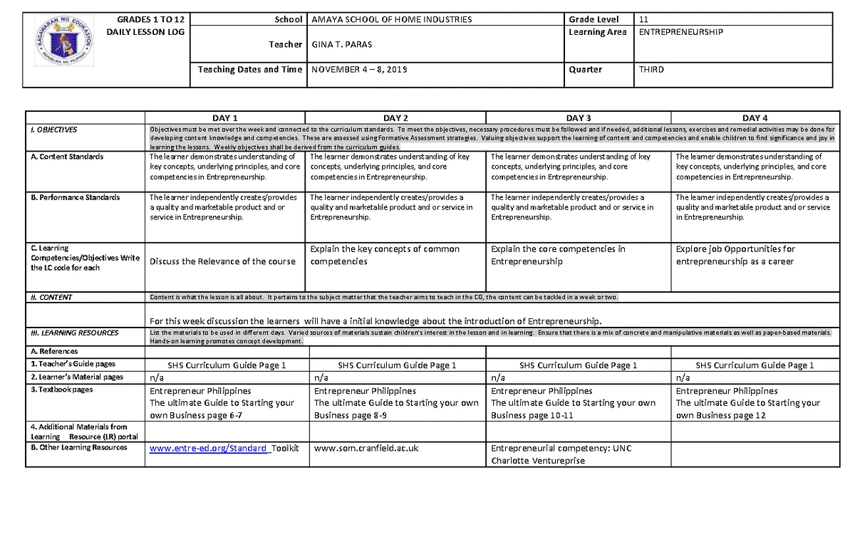 Dll-entrep-week-1 compress - DAY 1 DAY 2 DAY 3 DAY 4 I. OBJECTIVES ...