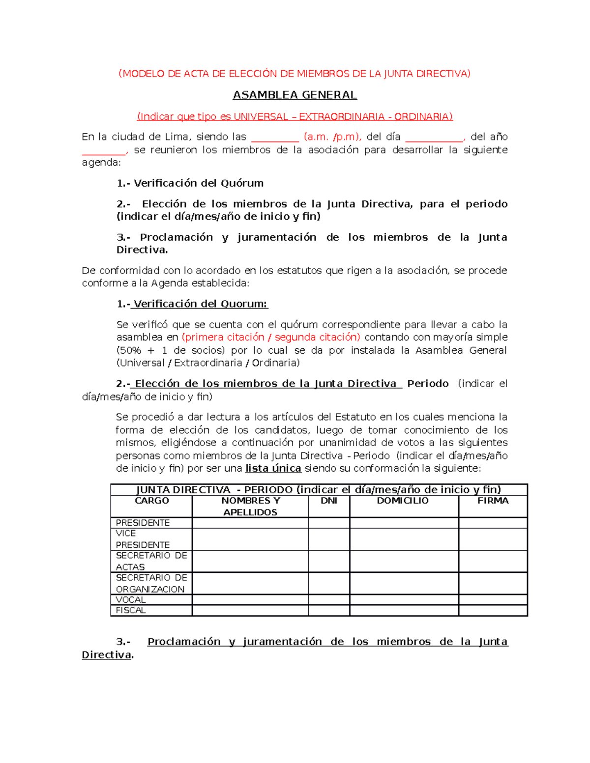 Modelo de Acta de Elección de Miembros de la Junta Directiva - Studocu