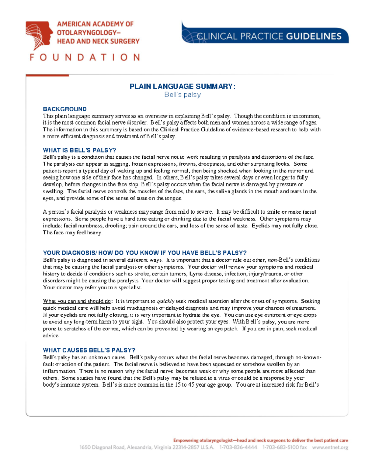 Bells Guideline PLS - the bell - PLAIN LANGUAGE SUMMARY: Bell’s palsy BACKGROUND This plain ...