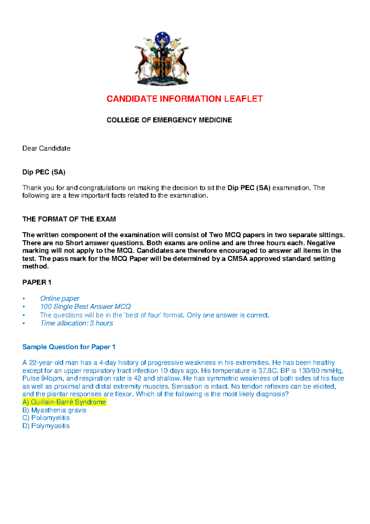 Dip PEC (SA) Exam Candidate Info Leaflet - March 2023 - Studocu