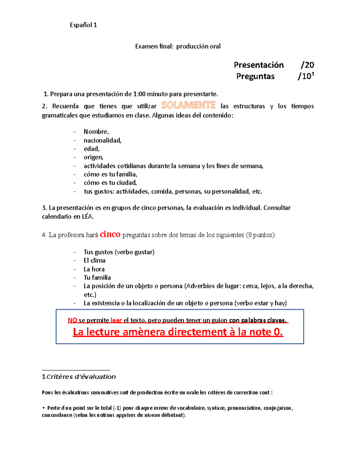 Examen final - Oral - pretty useful - Español 1 Examen final ...