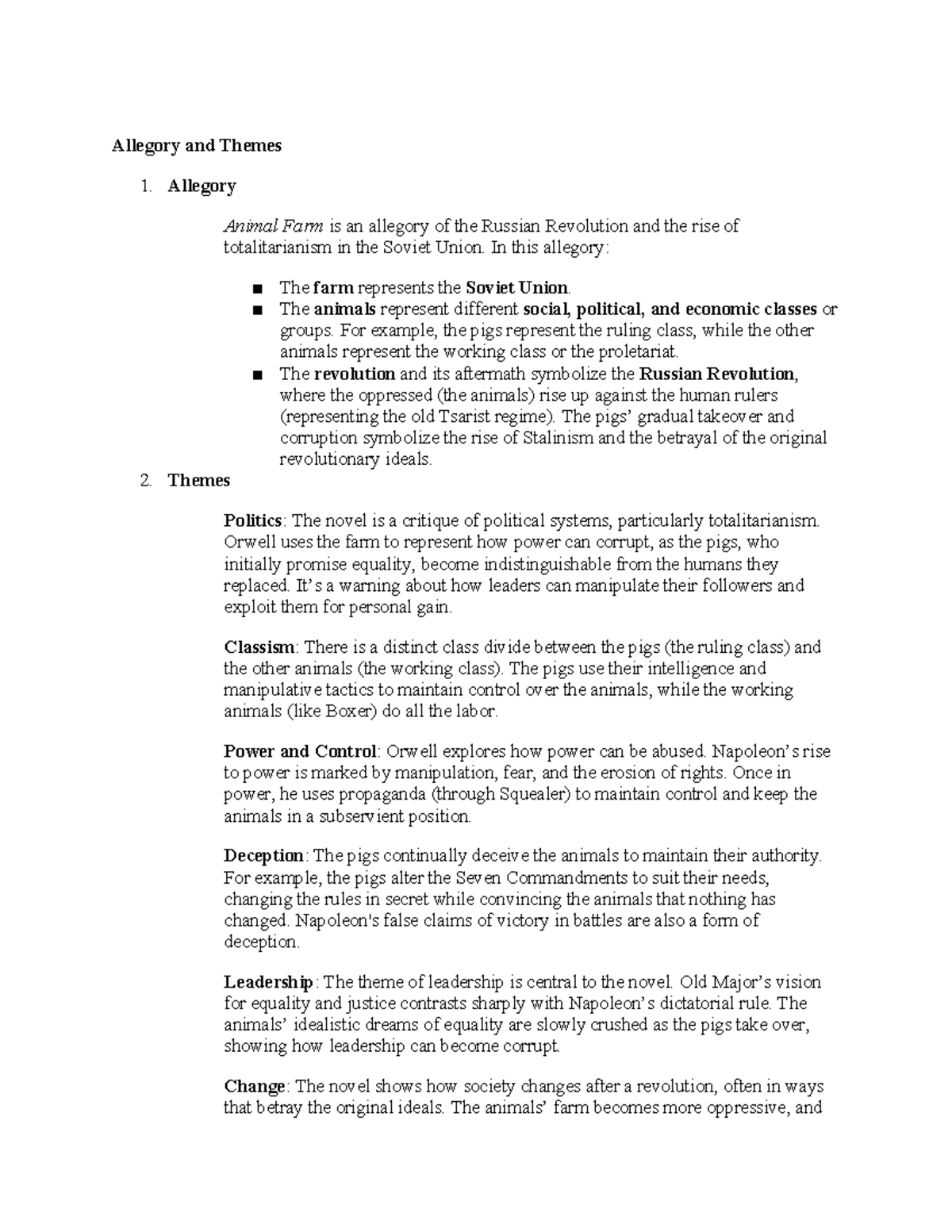 Animal Farm Revision Guide - Allegory and Themes 1. Allegory Animal ...