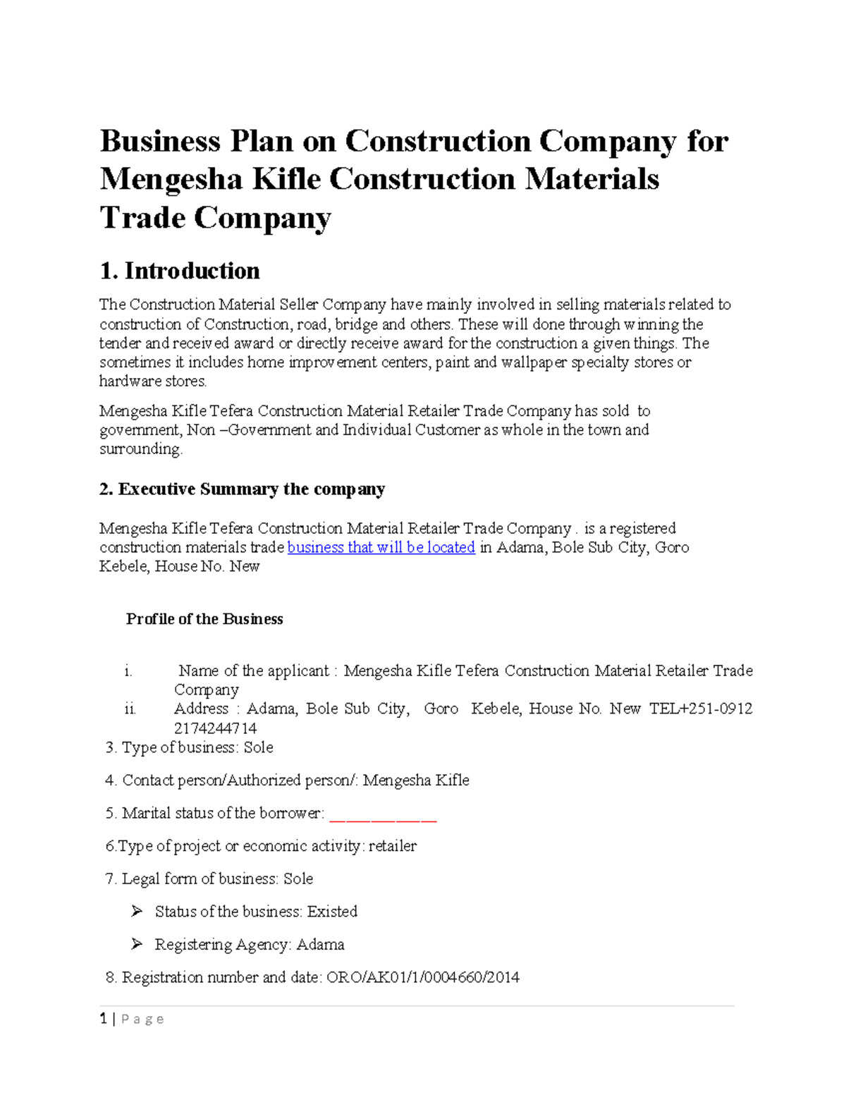 Business Plan for Mengesha Kifle Tefera Construction Materials Trade Co ...