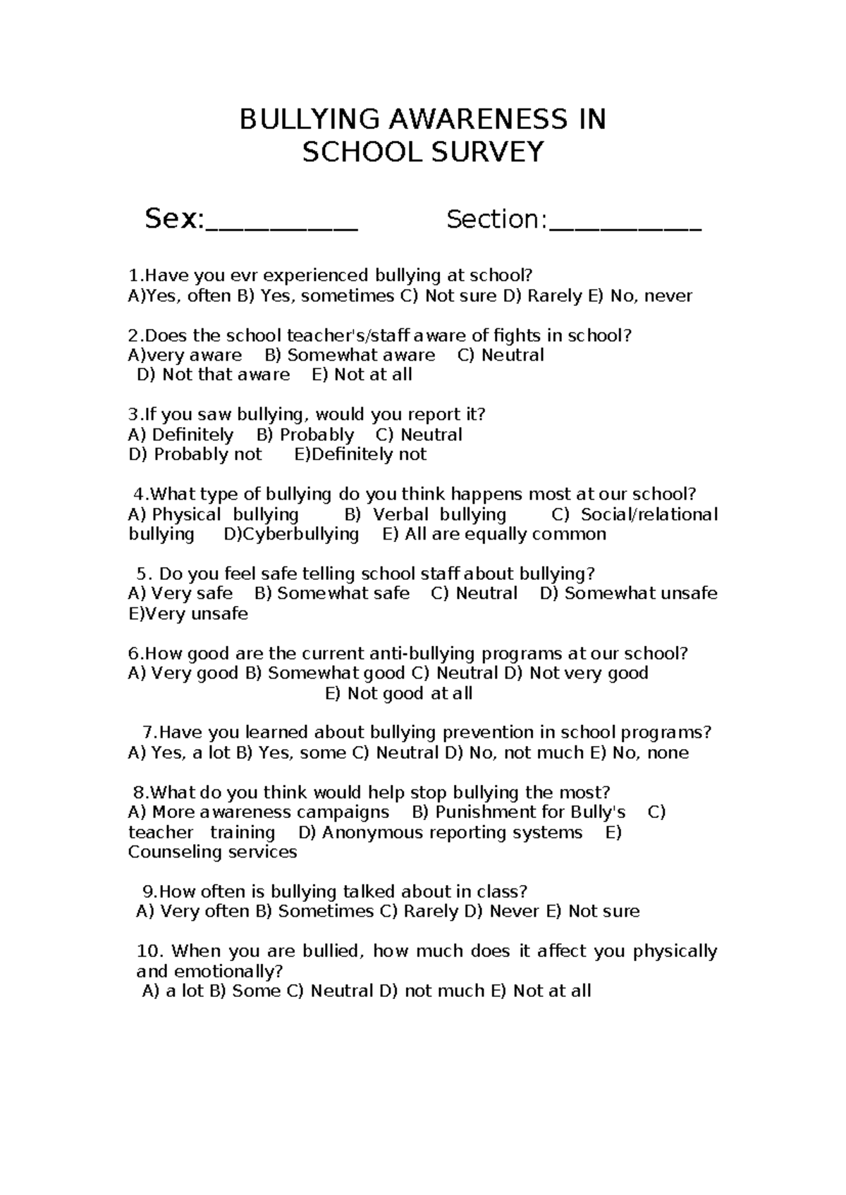 Survey IN GR8; - k hj hgvgvghj - BULLYING AWARENESS IN SCHOOL SURVEY ...