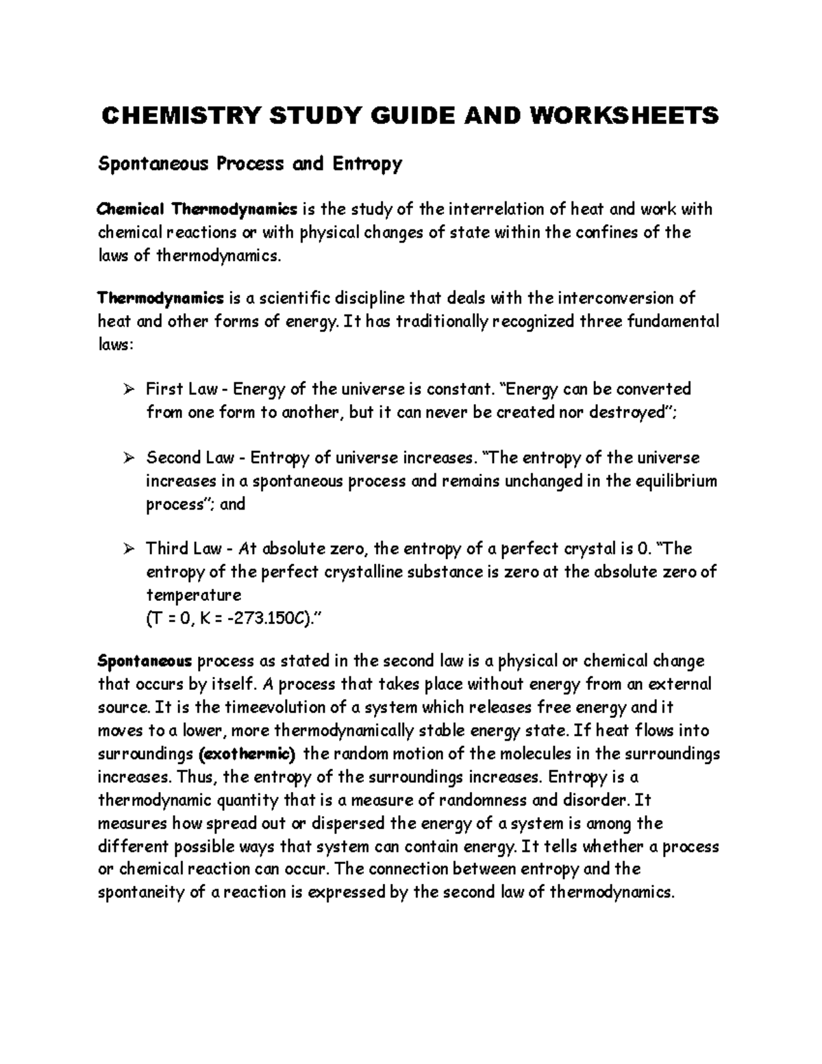CHEM 101: Study Guide on Spontaneous Processes & Entropy - Studocu