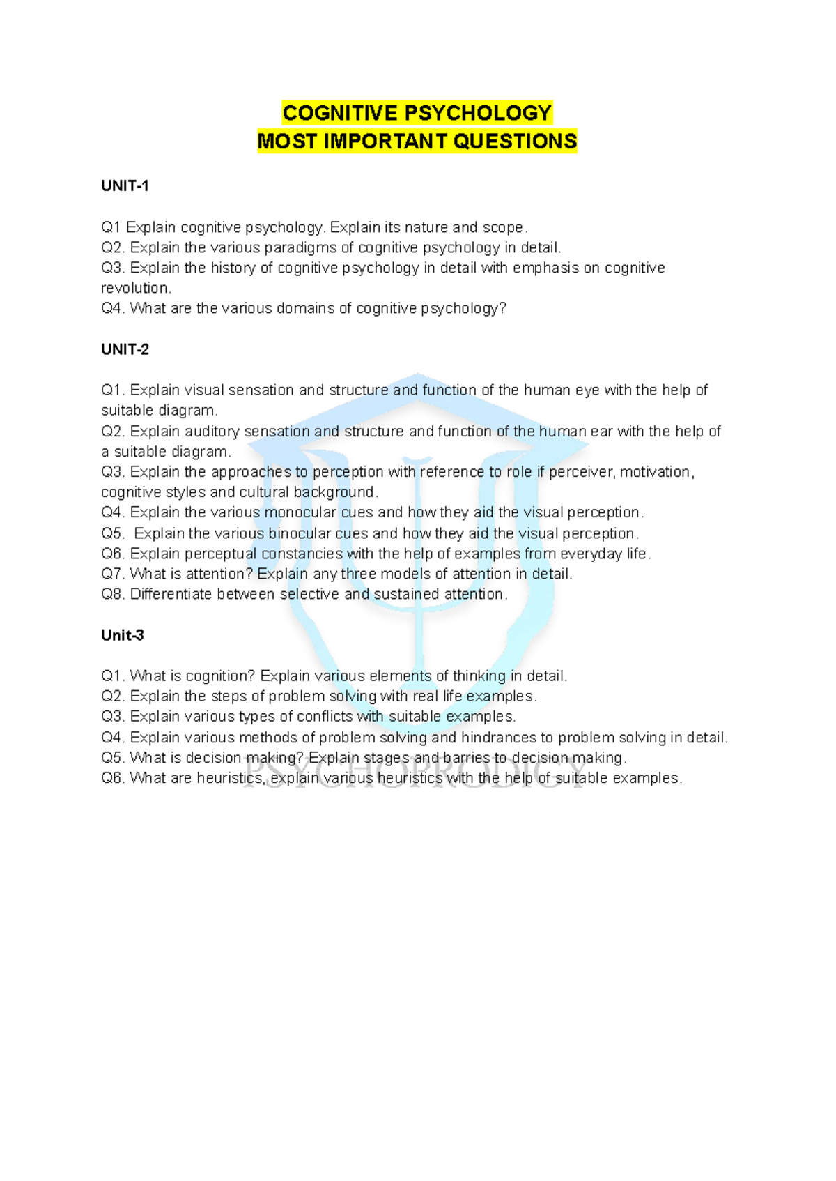 COG 101: Key Questions on Cognitive Psychology Concepts and Theories ...