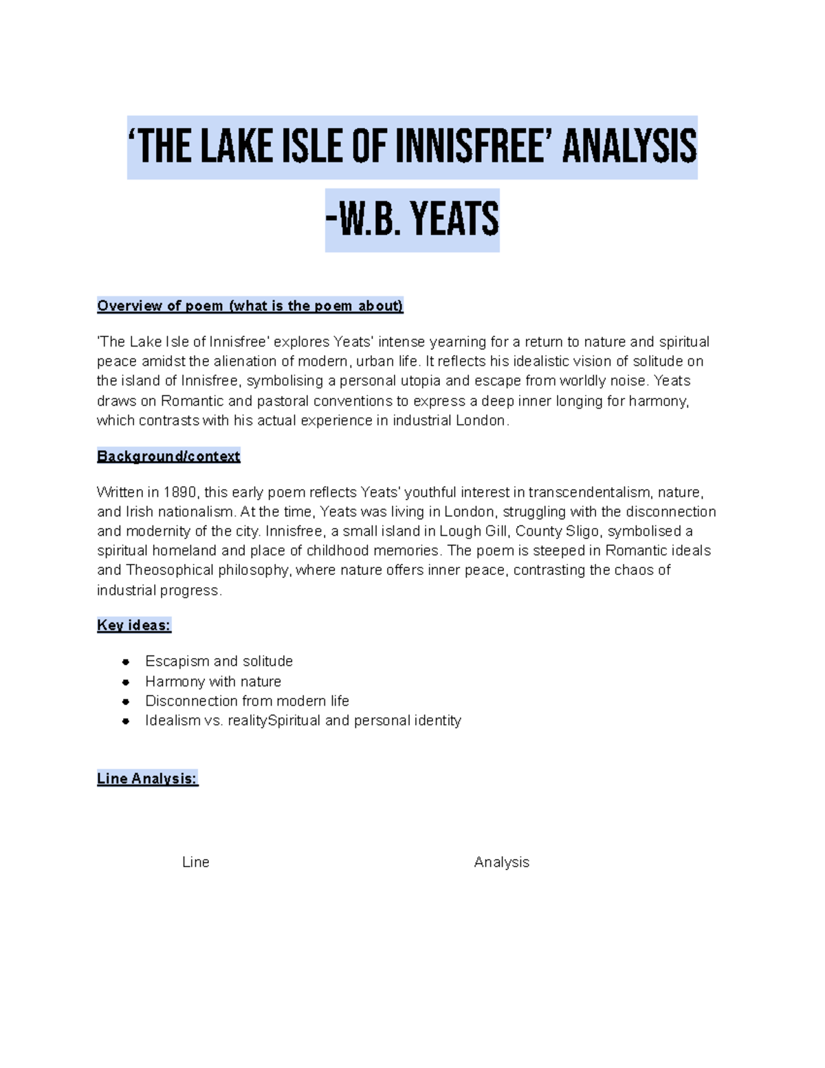 Lake Isle of Innisfree: Poem Analysis and Key Themes - Studocu