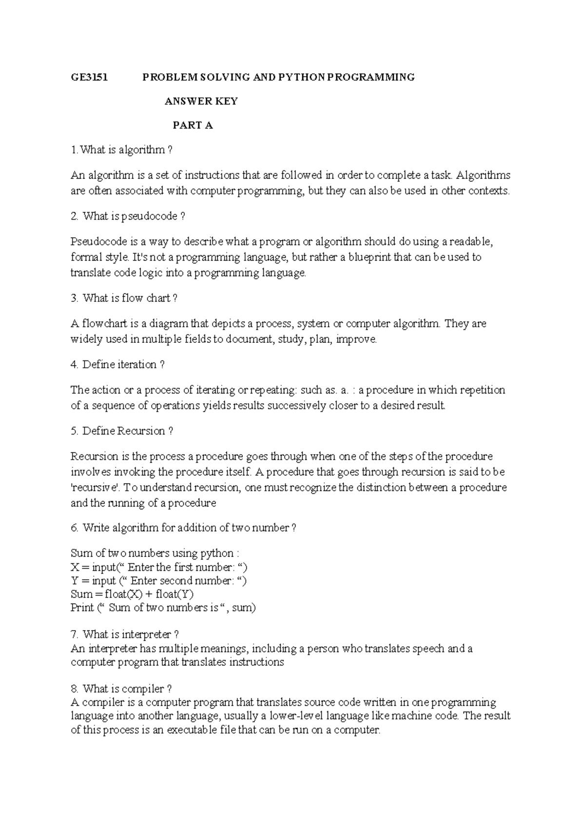 GE3151 Final Exam Answer Key: Python Problem Solving & Programming - Studocu