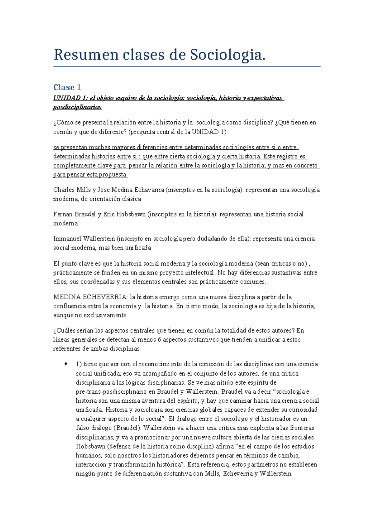 Resumen Clases de Sociología - UNIDAD 1 y 2: Clásicos Modernos - Studocu