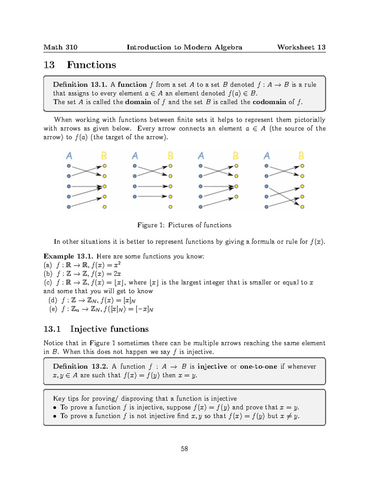Math 310 Worksheet 13: Functions, Injective, Surjective, and Bijective ...
