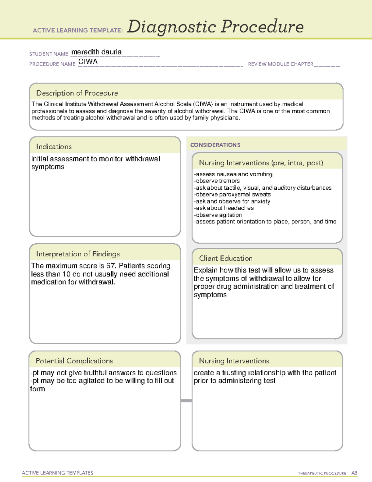 CIWA Active Learning Template: Alcohol Withdrawal Assessment Guide ...