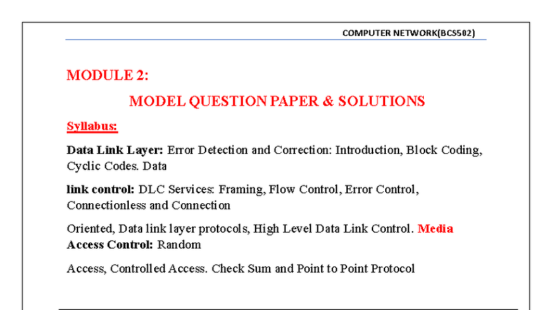 COMPUTER NETWORK (BCS502) MODULE 2: MODEL QUESTION PAPER SOLUTIONS ...